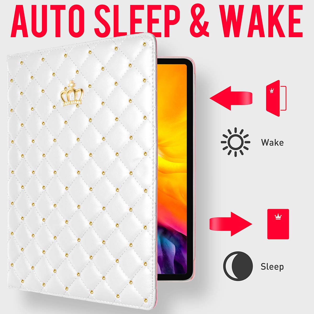 Topwin Cute Crown Case for iPad Pro 12.9-inch (6th & 5th Gen), Bling Diamond PU Leather Smart Auto Sleep/Wake Kickstand Shockproof Flip Case for 12.9 Pro (White)