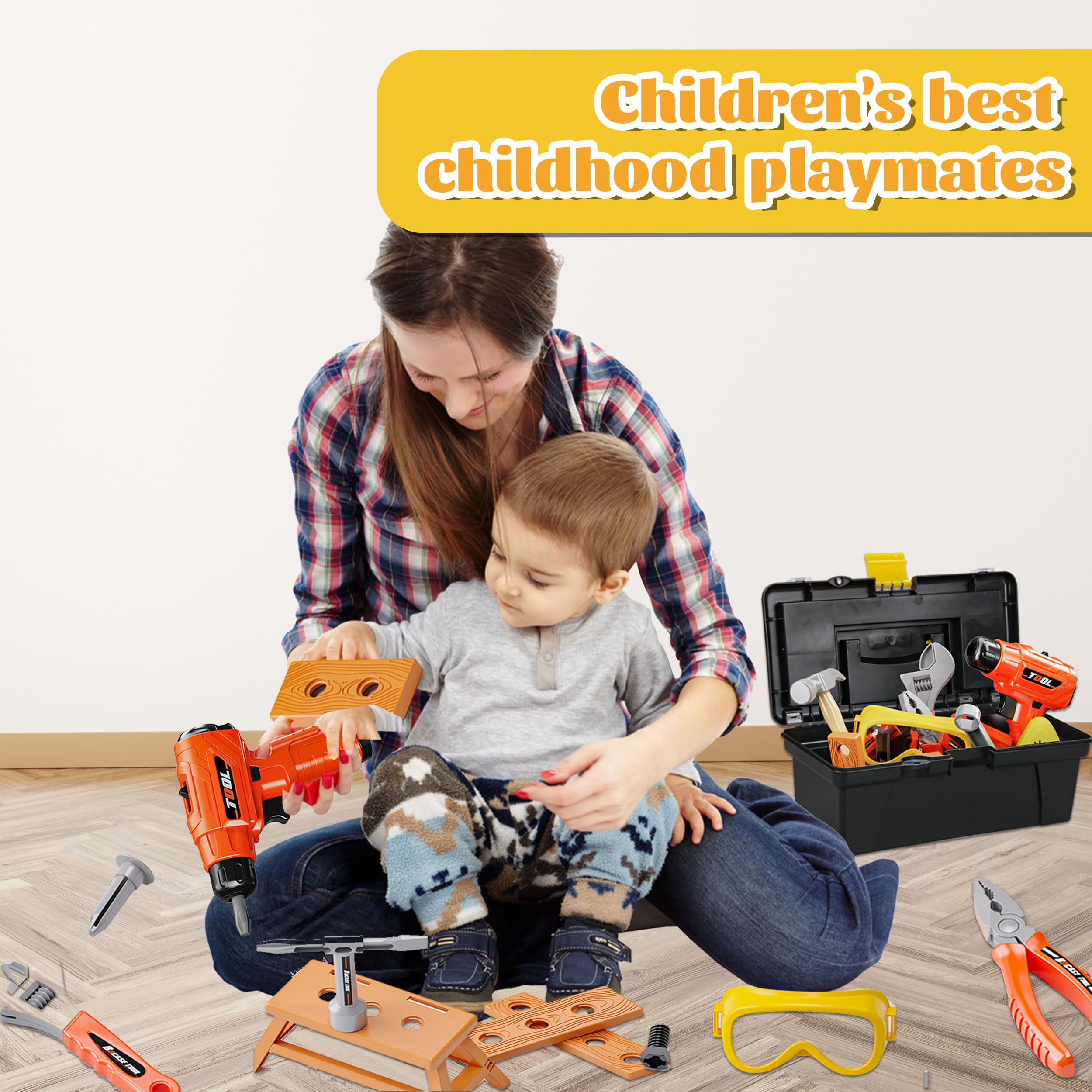 POFJOEQ Kids Tool Set – 34-Piece Kids Tool Set with Tool Box & Electronic Toy Drill - Pretend Play Toddler Toys - Inspire Imagination and Skill Development