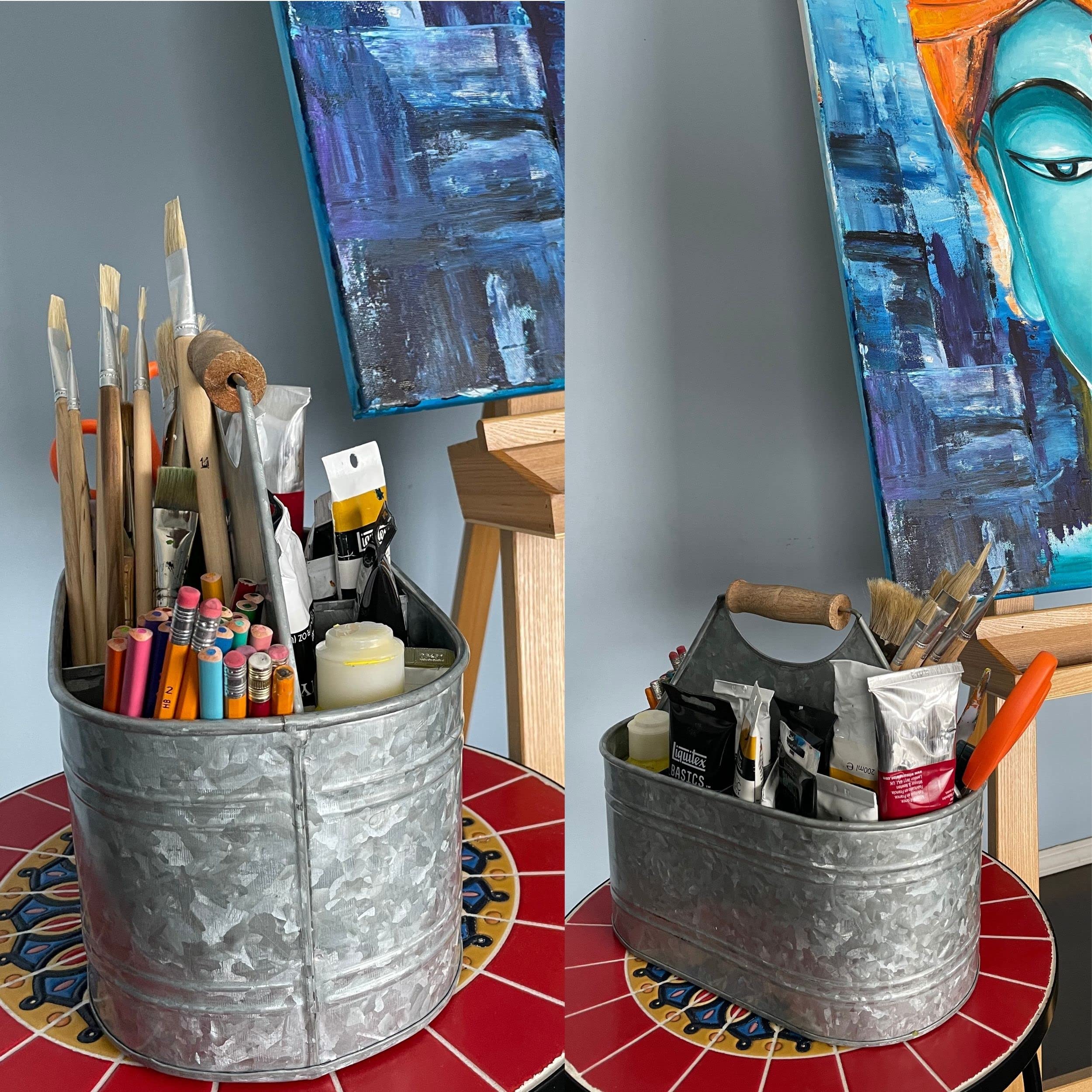 KOTINARA Galvanized Flatware Caddy - Strong Wooden Handle, Rust-Resistant, Indoor & Outdoor Use - A Farmhouse, Rustic, Country Style Organizer for Utensils, Flatware, Tools and more