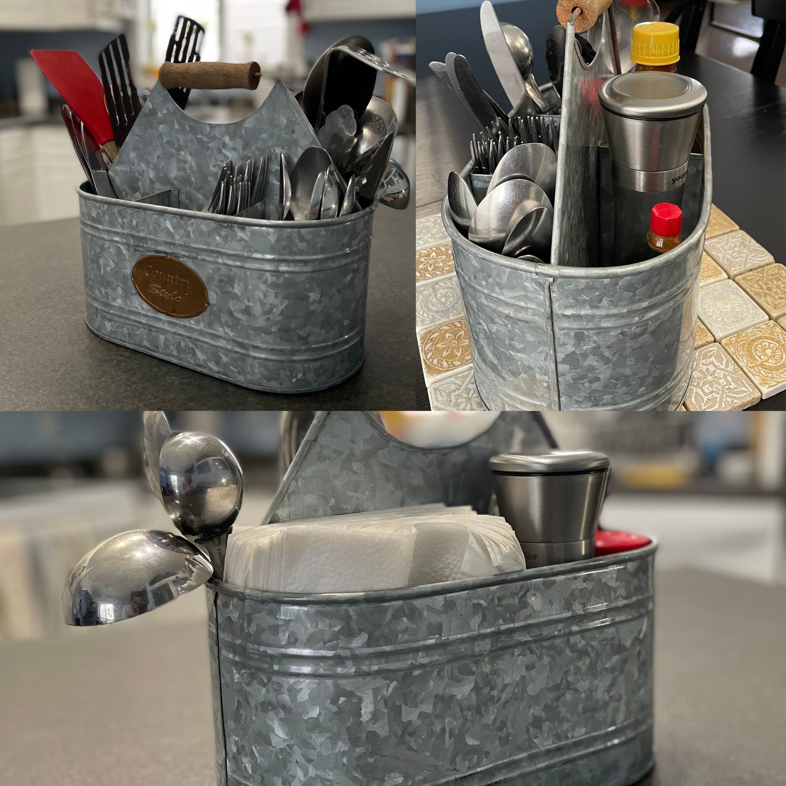 KOTINARA Galvanized Flatware Caddy - Strong Wooden Handle, Rust-Resistant, Indoor & Outdoor Use - A Farmhouse, Rustic, Country Style Organizer for Utensils, Flatware, Tools and more