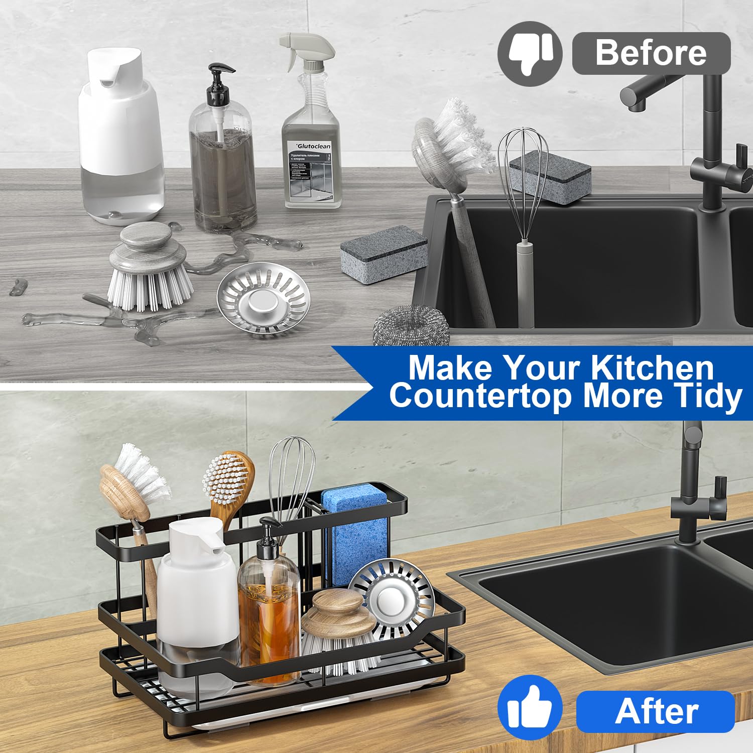 Sponge Holder Kitchen Sink Caddy Organizer, Large Stainless Steel Sink Tray Drainer Rack, Countertop Soap Dish Dispenser Brush Holde with Removable Drain Tray - Not Including Dispenser, Sponge, Brush