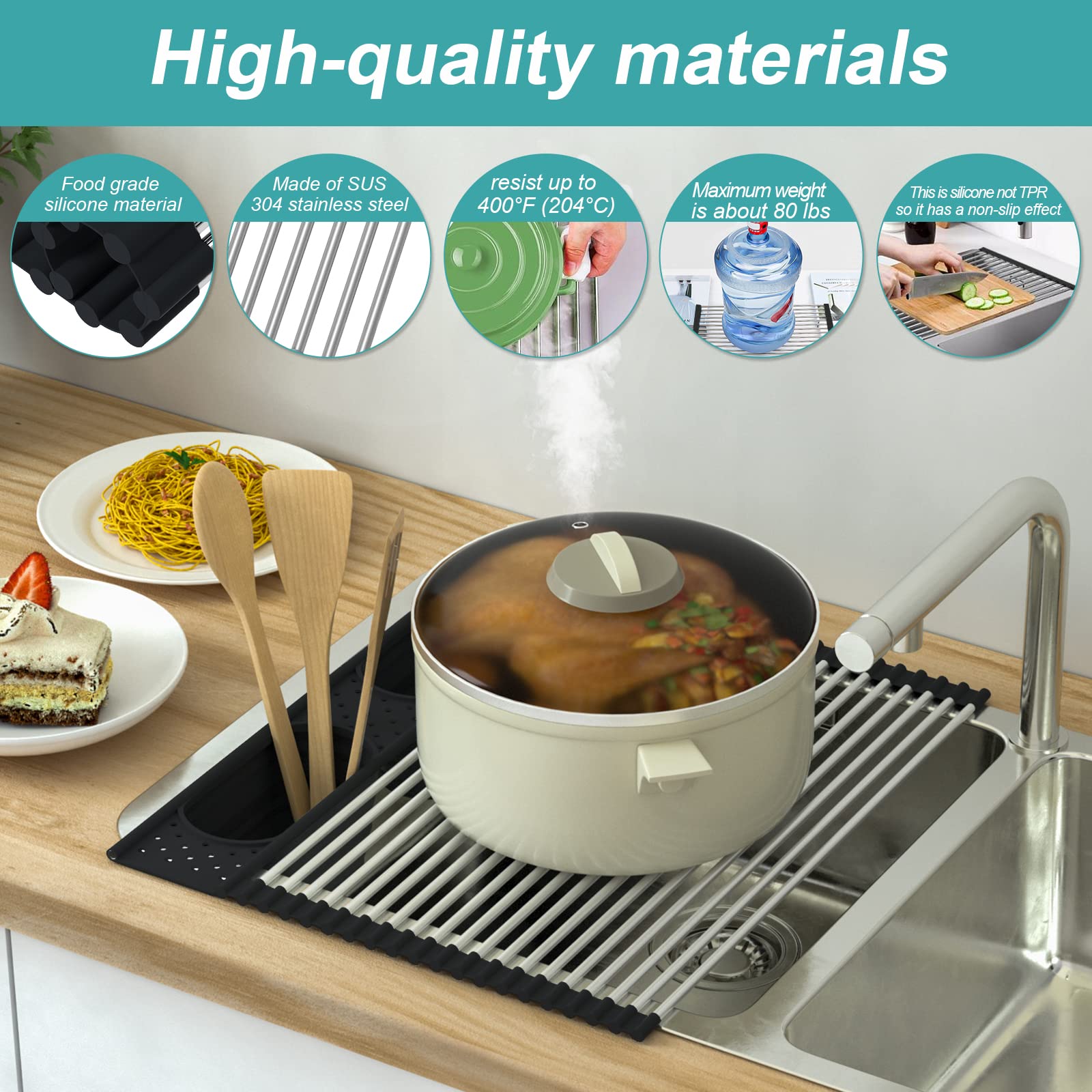 AIANDE Roll Up Dish Drying Rack Sink Drying Rack Over The Sink Dish Drying Rack Sink Topper Foldable Sink Cover Collapsible Dish Drying Rack for Kitchen Anti-Slip Silicone and SUS304 Material