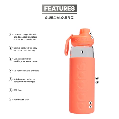 adidas 720 Ml (24 Oz) Squad Refillable Glass Water Bottle, Acid Red, One Size