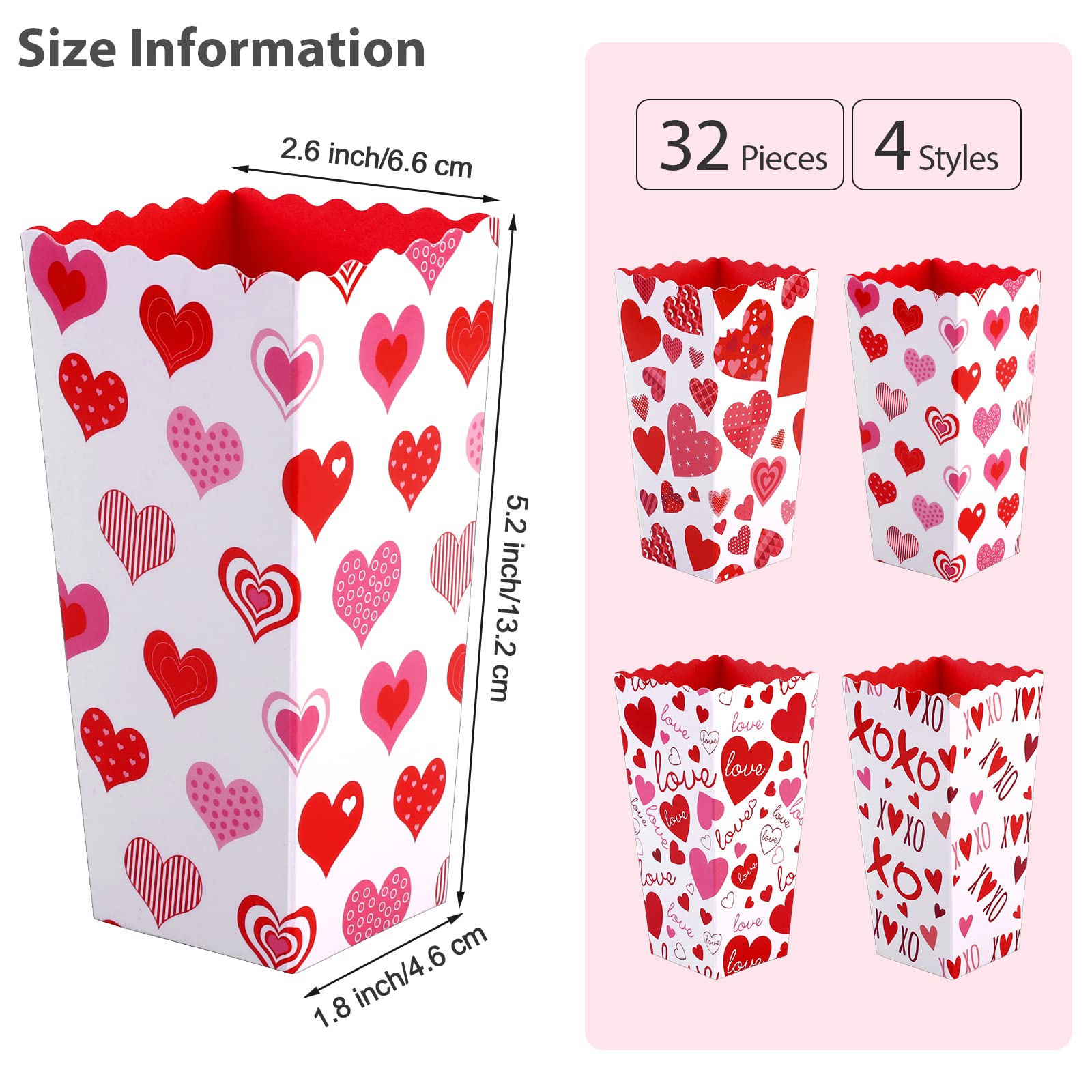 MIMIND 32 Pieces Valentine's Day Popcorn Boxes Love Heart Conversation Treat Candy Goodie Boxes Cardboard Popcorn Container for Valentine Wedding Birthday Party Supplies, 4 Designs