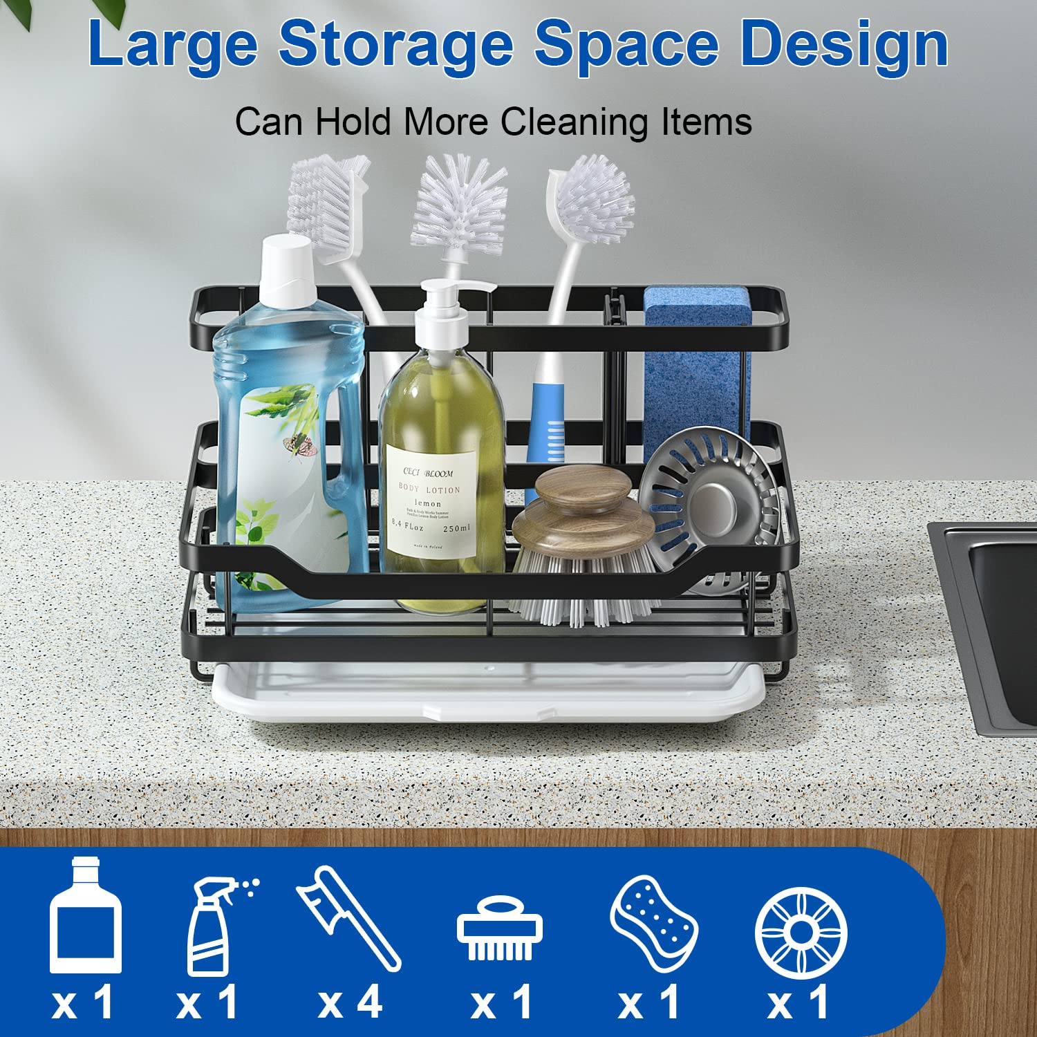 Sponge Holder Kitchen Sink Caddy Organizer, Large Stainless Steel Sink Tray Drainer Rack, Countertop Soap Dish Dispenser Brush Holde with Removable Drain Tray - Not Including Dispenser, Sponge, Brush