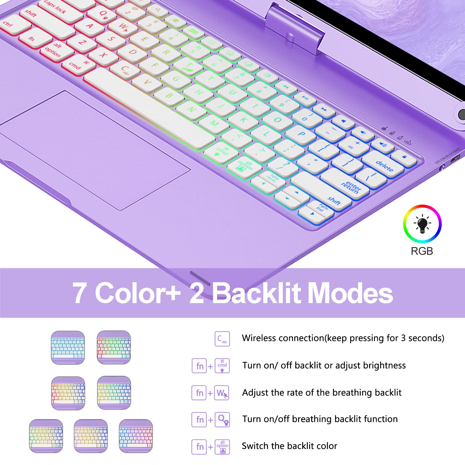 Swivel Wireless Keyboard Case for iPad Pro 12.9 (6th/5th/4th/3rd Gen), Rainbow Backlits & Multi-Touch Trackpad, Magic 360° Rotatable Protective Keyboard Cover with Pencil Holder, Thin & Light - Purple