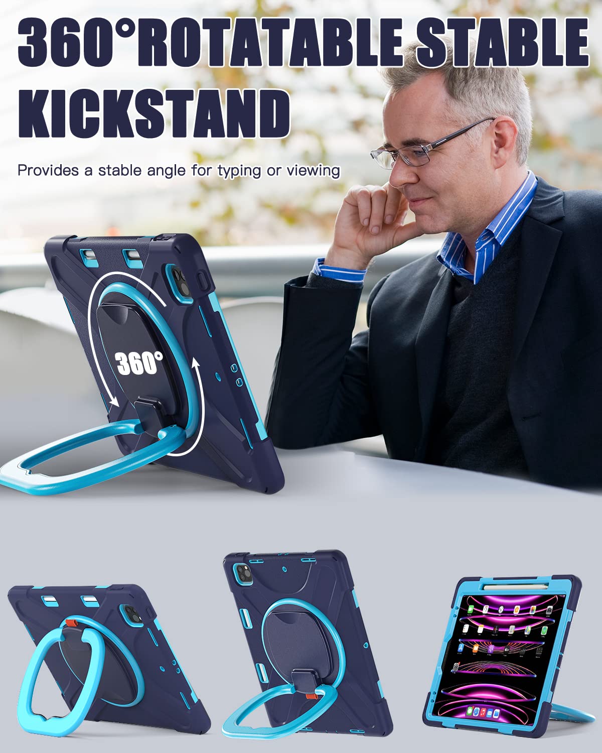 BRAECN for iPad Air 13 Inch Case M2 (2024), iPad Pro 12.9 (2022/2021, 6th/5th/4th/3rd Gen), Heavy Duty Shockproof Cover with Pencil Holder, Rotating Handle Grip, Stable Kickstand, Shoulder Strap, Navy