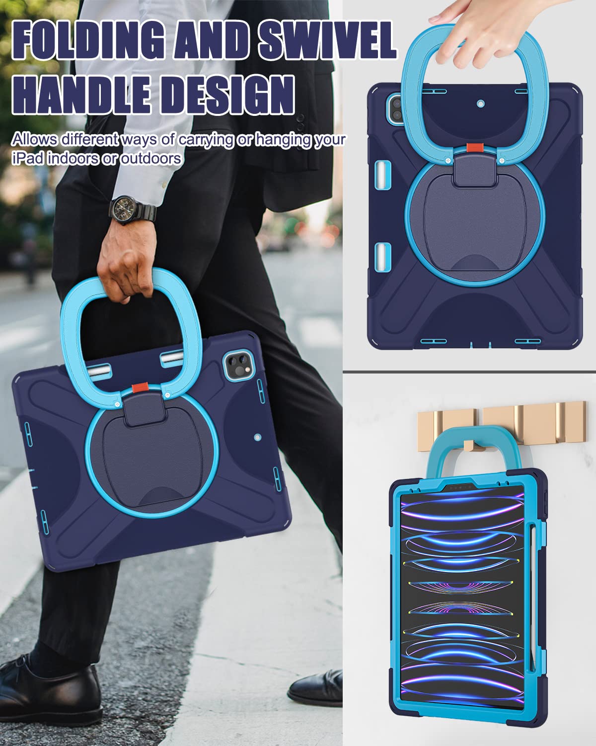 BRAECN for iPad Air 13 Inch Case M2 (2024), iPad Pro 12.9 (2022/2021, 6th/5th/4th/3rd Gen), Heavy Duty Shockproof Cover with Pencil Holder, Rotating Handle Grip, Stable Kickstand, Shoulder Strap, Navy