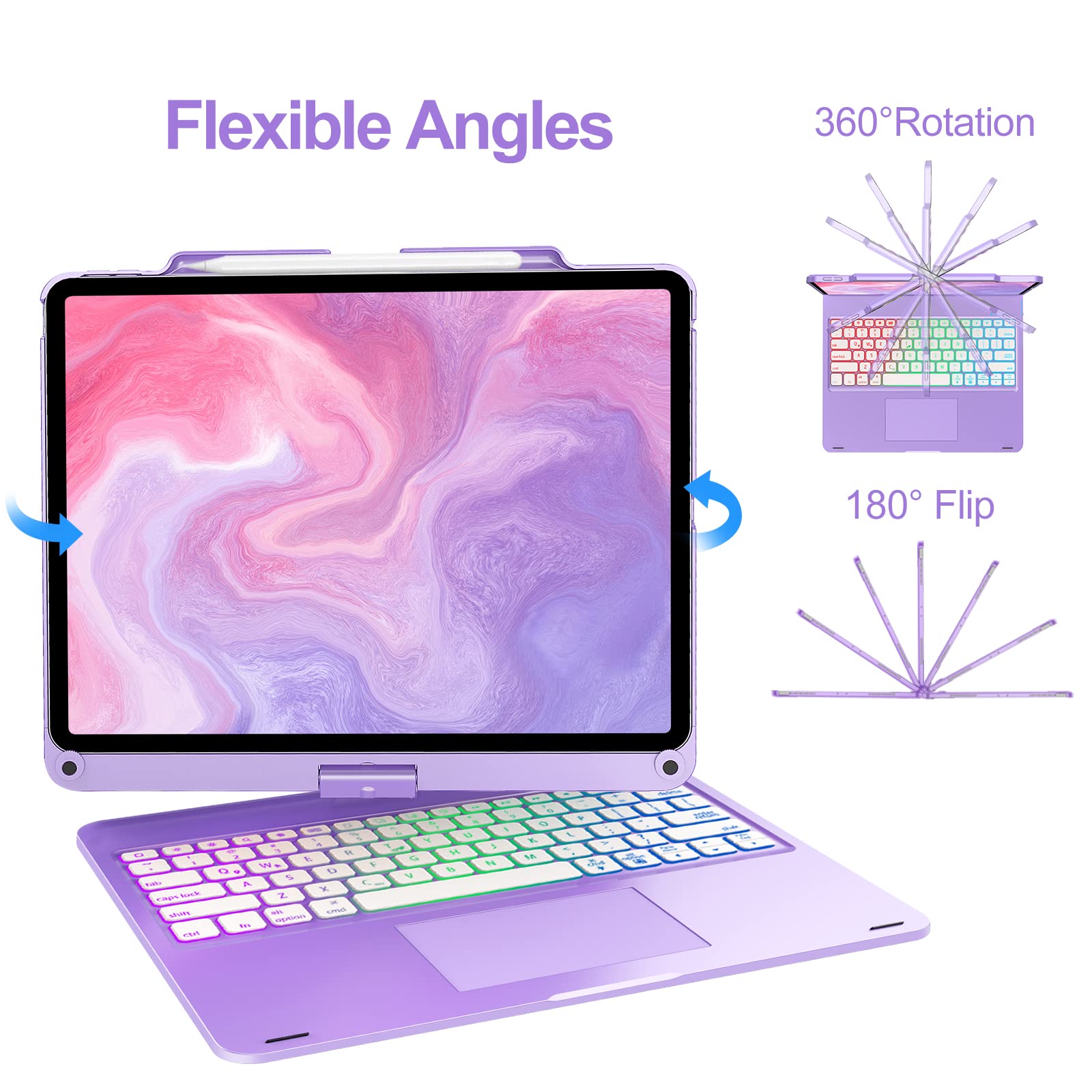 Swivel Wireless Keyboard Case for iPad Pro 12.9 (6th/5th/4th/3rd Gen), Rainbow Backlits & Multi-Touch Trackpad, Magic 360° Rotatable Protective Keyboard Cover with Pencil Holder, Thin & Light - Purple