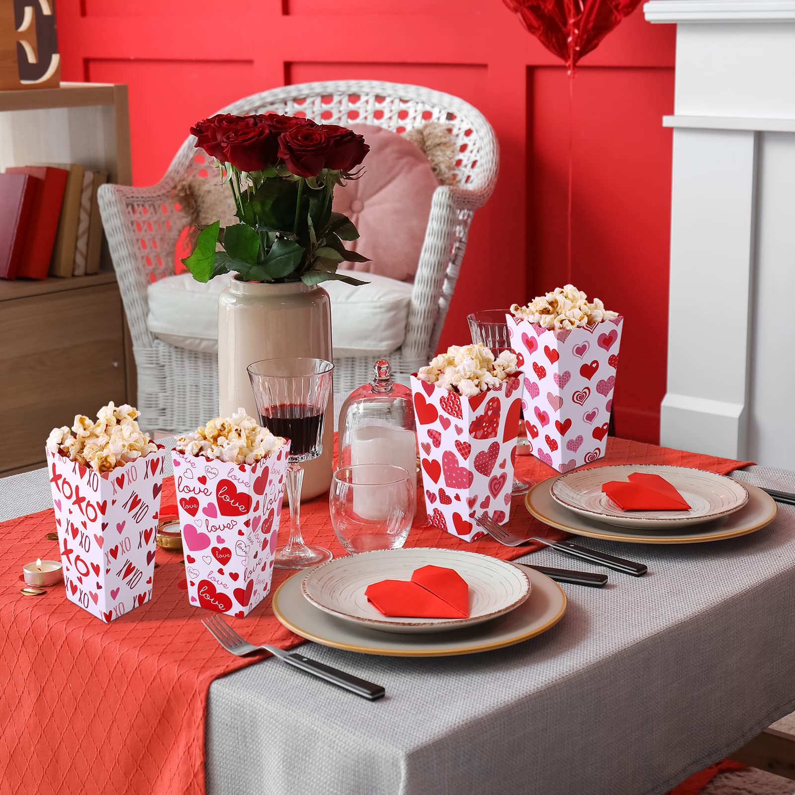 MIMIND 32 Pieces Valentine's Day Popcorn Boxes Love Heart Conversation Treat Candy Goodie Boxes Cardboard Popcorn Container for Valentine Wedding Birthday Party Supplies, 4 Designs