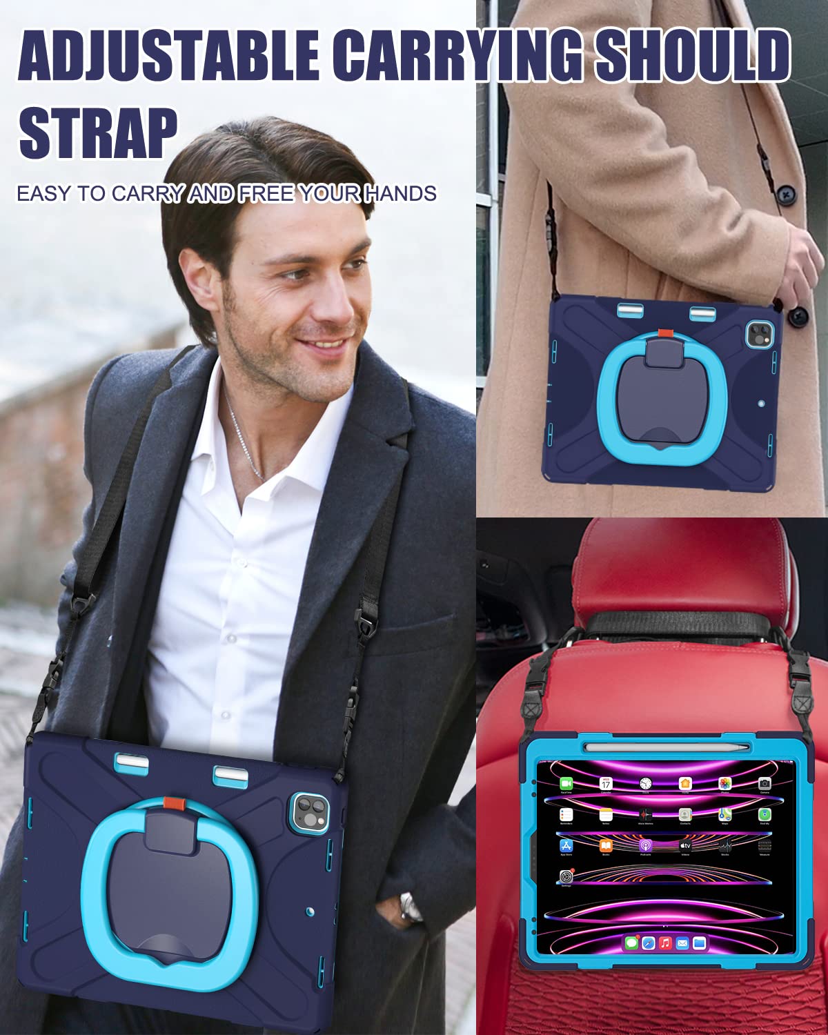 BRAECN for iPad Air 13 Inch Case M2 (2024), iPad Pro 12.9 (2022/2021, 6th/5th/4th/3rd Gen), Heavy Duty Shockproof Cover with Pencil Holder, Rotating Handle Grip, Stable Kickstand, Shoulder Strap, Navy