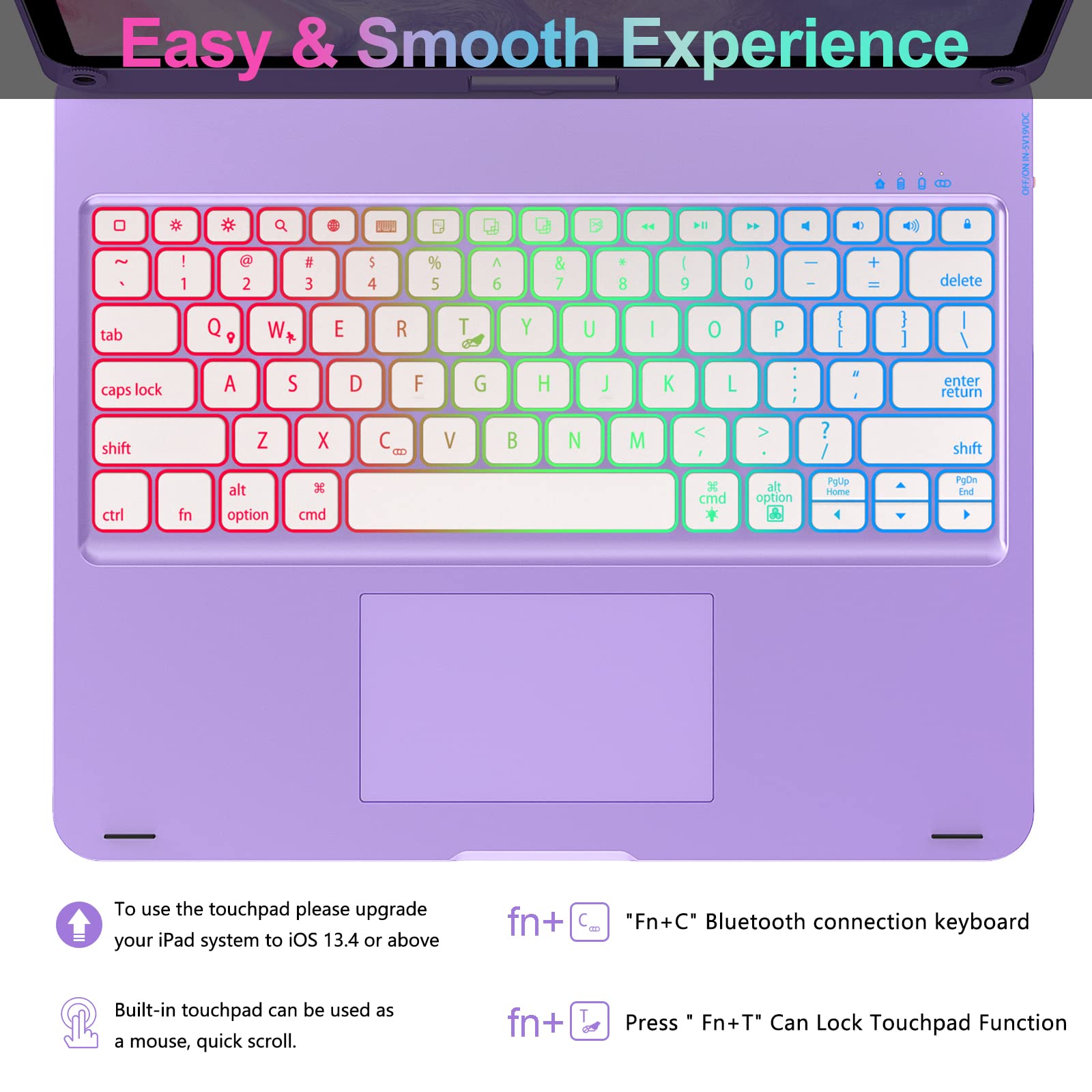 Swivel Wireless Keyboard Case for iPad Pro 12.9 (6th/5th/4th/3rd Gen), Rainbow Backlits & Multi-Touch Trackpad, Magic 360° Rotatable Protective Keyboard Cover with Pencil Holder, Thin & Light - Purple