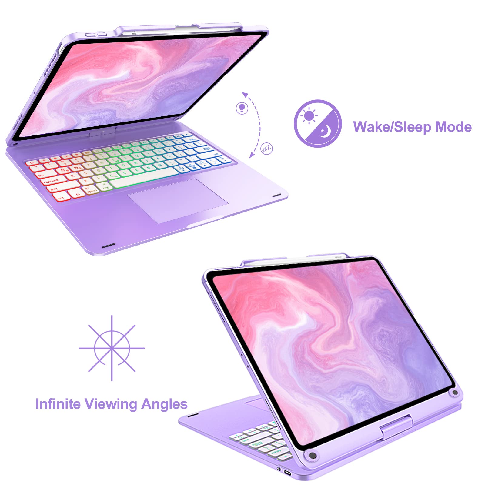 Swivel Wireless Keyboard Case for iPad Pro 12.9 (6th/5th/4th/3rd Gen), Rainbow Backlits & Multi-Touch Trackpad, Magic 360° Rotatable Protective Keyboard Cover with Pencil Holder, Thin & Light - Purple