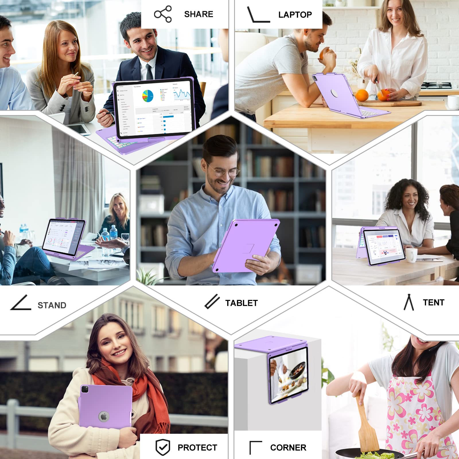 Swivel Wireless Keyboard Case for iPad Pro 12.9 (6th/5th/4th/3rd Gen), Rainbow Backlits & Multi-Touch Trackpad, Magic 360° Rotatable Protective Keyboard Cover with Pencil Holder, Thin & Light - Purple