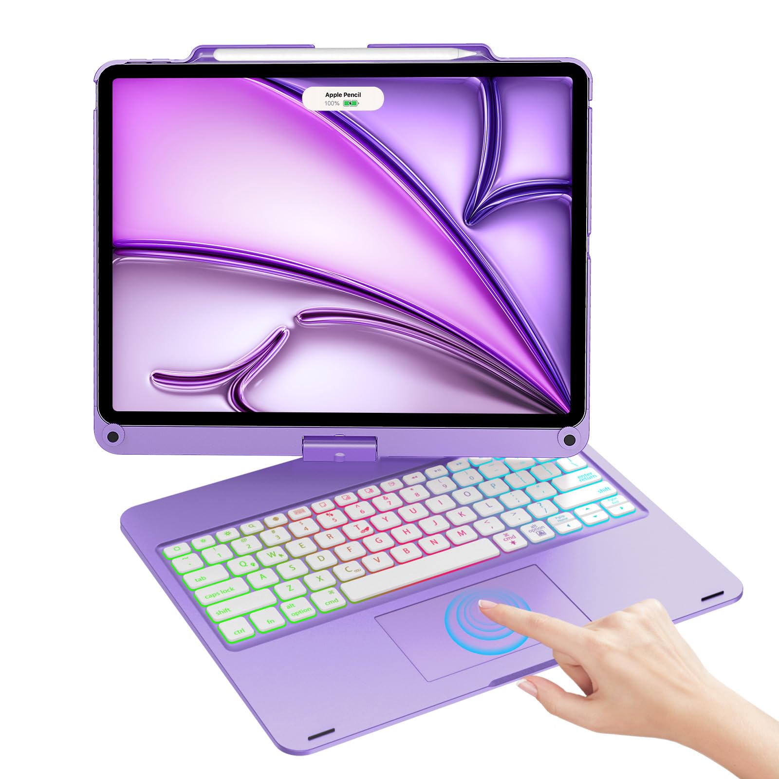 Swivel Wireless Keyboard Case for iPad Pro 12.9 (6th/5th/4th/3rd Gen), Rainbow Backlits & Multi-Touch Trackpad, Magic 360° Rotatable Protective Keyboard Cover with Pencil Holder, Thin & Light - Purple
