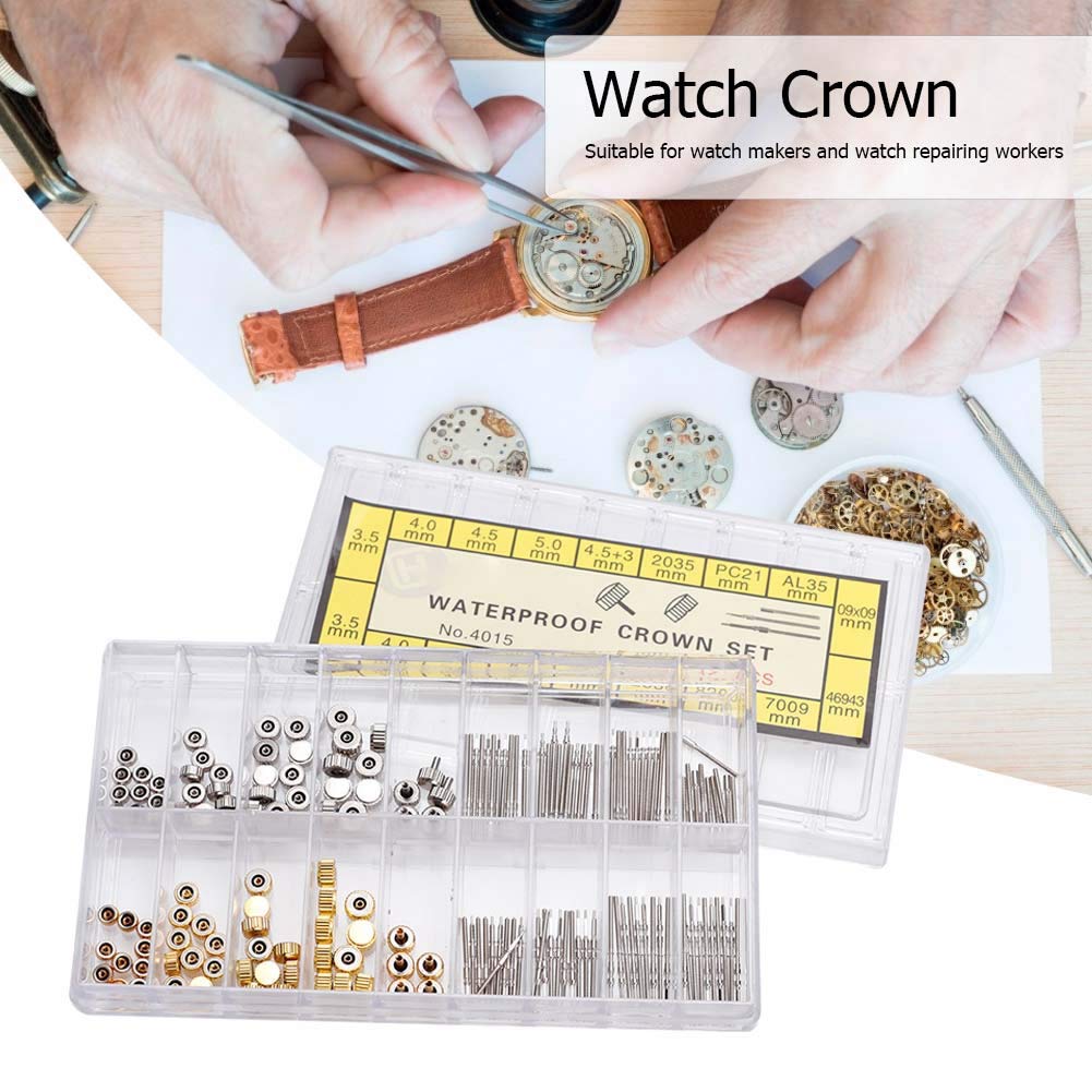 Watch Crown and Stem Set, Stainless Steel Watch Crown Spring Spare Parts Assorted Kit Watch Repair Tool Replacement Accessories with Storage Box, for Watchmaker Watch Repairing