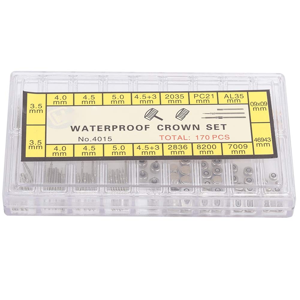 Watch Crown and Stem Set, Stainless Steel Watch Crown Spring Spare Parts Assorted Kit Watch Repair Tool Replacement Accessories with Storage Box, for Watchmaker Watch Repairing