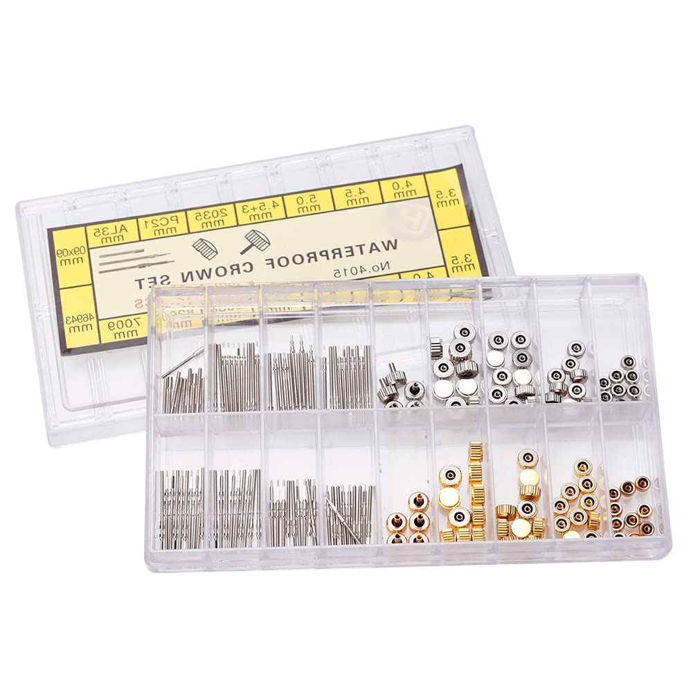Watch Crown and Stem Set, Stainless Steel Watch Crown Spring Spare Parts Assorted Kit Watch Repair Tool Replacement Accessories with Storage Box, for Watchmaker Watch Repairing