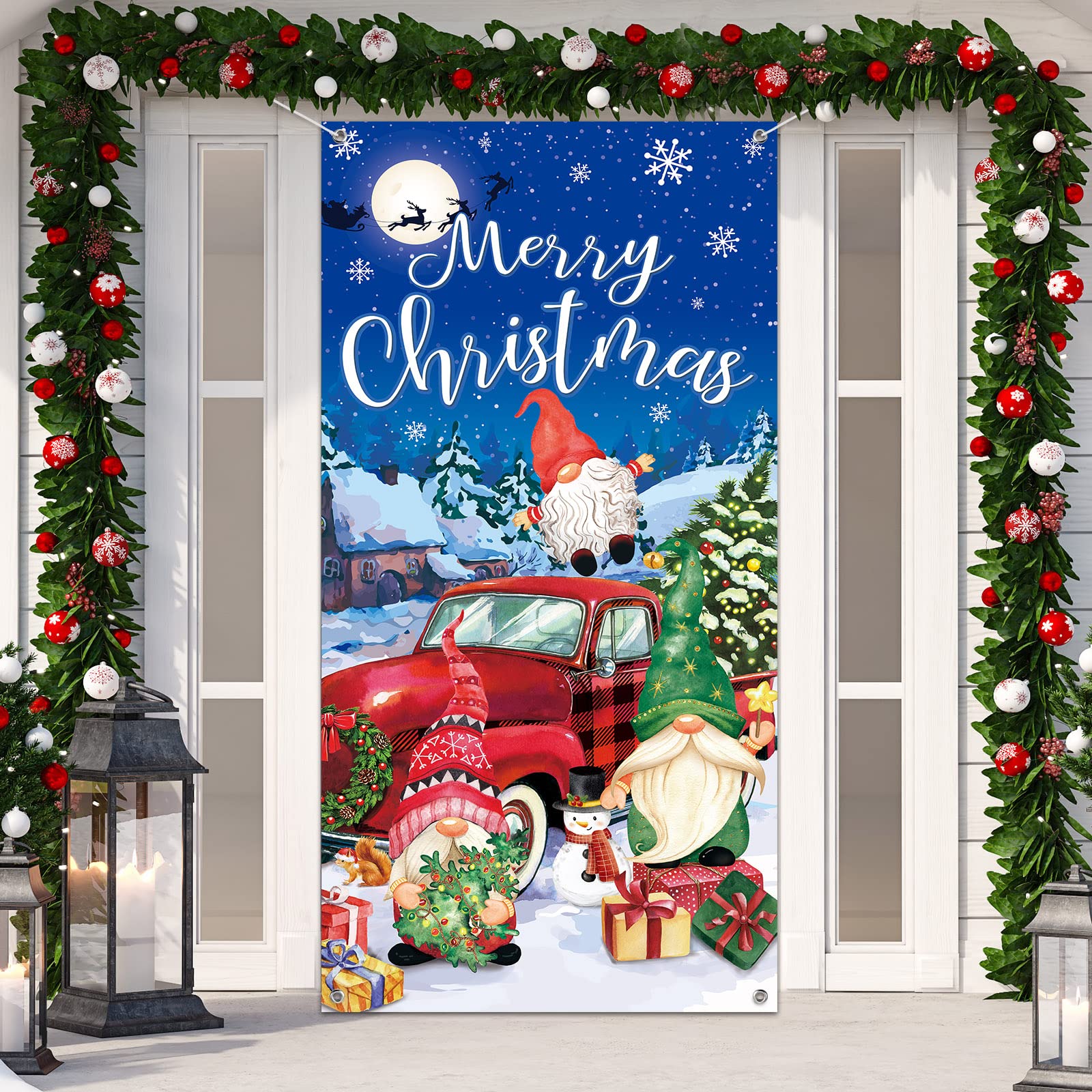 Tiamon Christmas Gnome Door Cover Holiday Gnome Door Cover Decoration Gnome Background Banner Xmas Door Banner Christmas Door Decoration for Front Door Holiday Party, 70.9 x 35.4 Inches