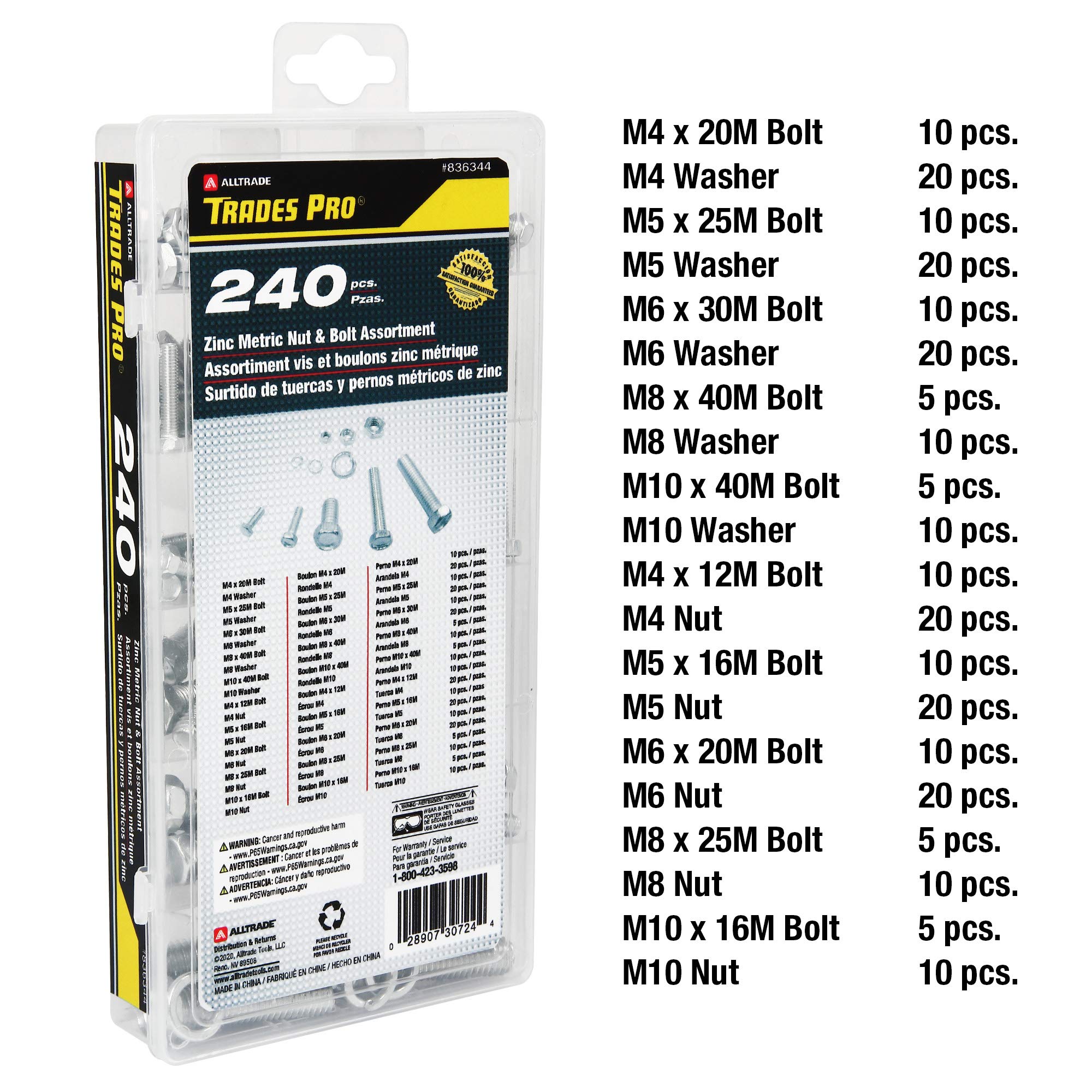 Trades Pro 836344 240Pc Zinc Metric Nut & Bolt Assortment, Combination Pack