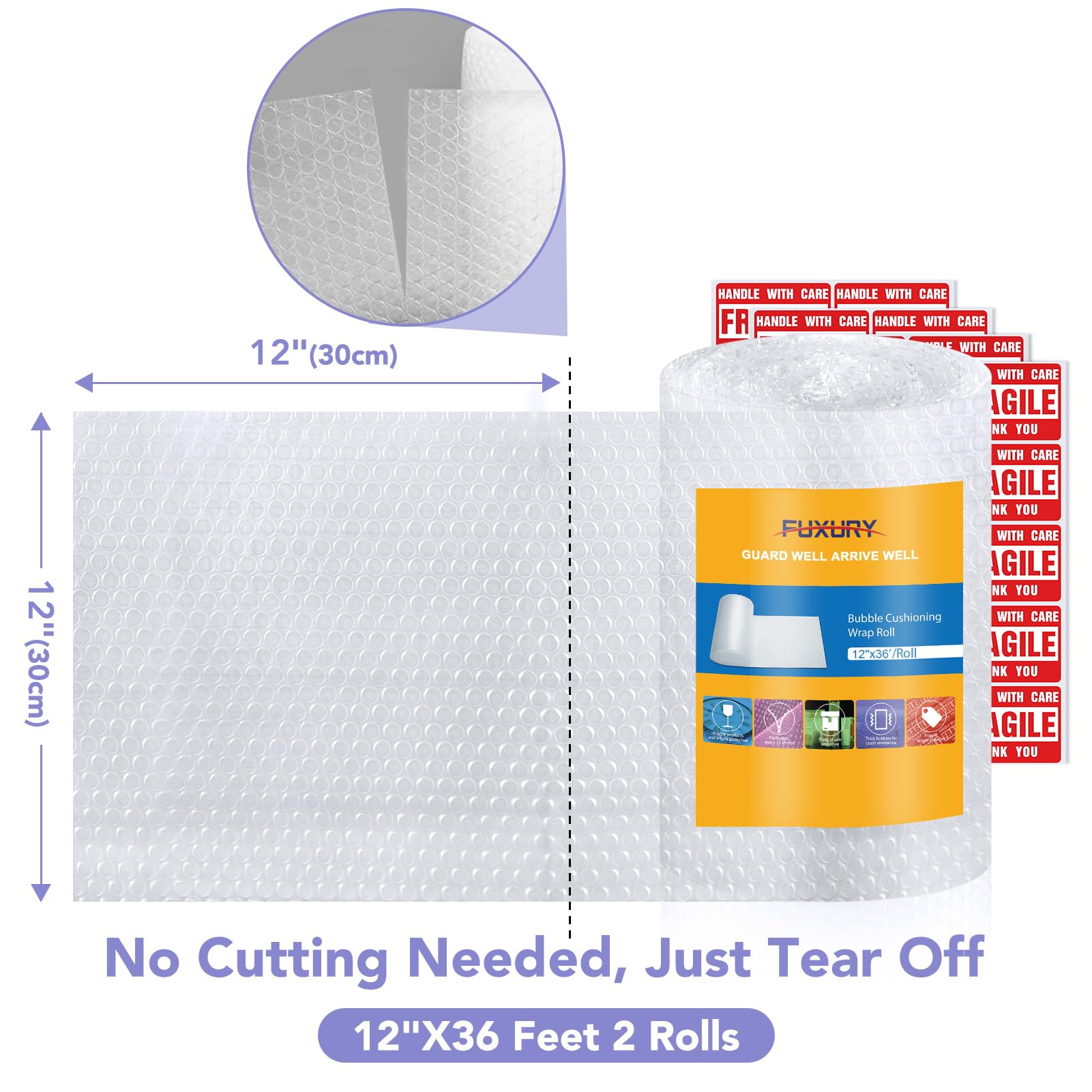 2-Pack Bubble Cushion Wrap Roll, Fuxury 12 Inch x 72 Feet Total Air Bubble Cushioning Wrap, Perforated Every 12", Included 20 Fragile Sticker Labels for Packaging Moving Shipping Boxes Supplies