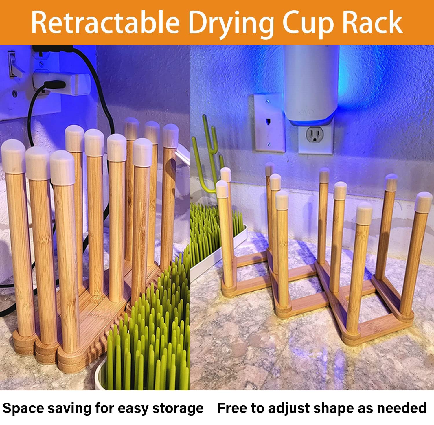 Cyauatt Bamboo Retractable Bottle Drying Rack Cup Dish Drying Rack,Sports Water Bottle and Mug Drainer Stand, Plastic Bag Dryer Rack and Multifunctional Drying Rack for Kitchen Countertop