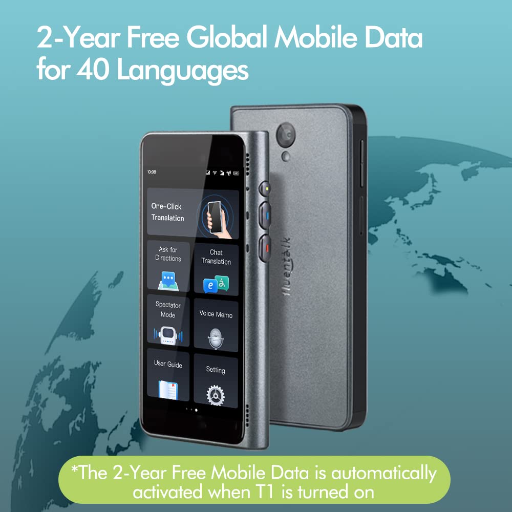 Fluentalk by Timekettle,T1 Language Translator with 4" HD Screen,Support 40 Languages and Photo Translation,Instant Translator Device No WiFi Needed,Built in 2-Year Global Mobile Data for Travelling