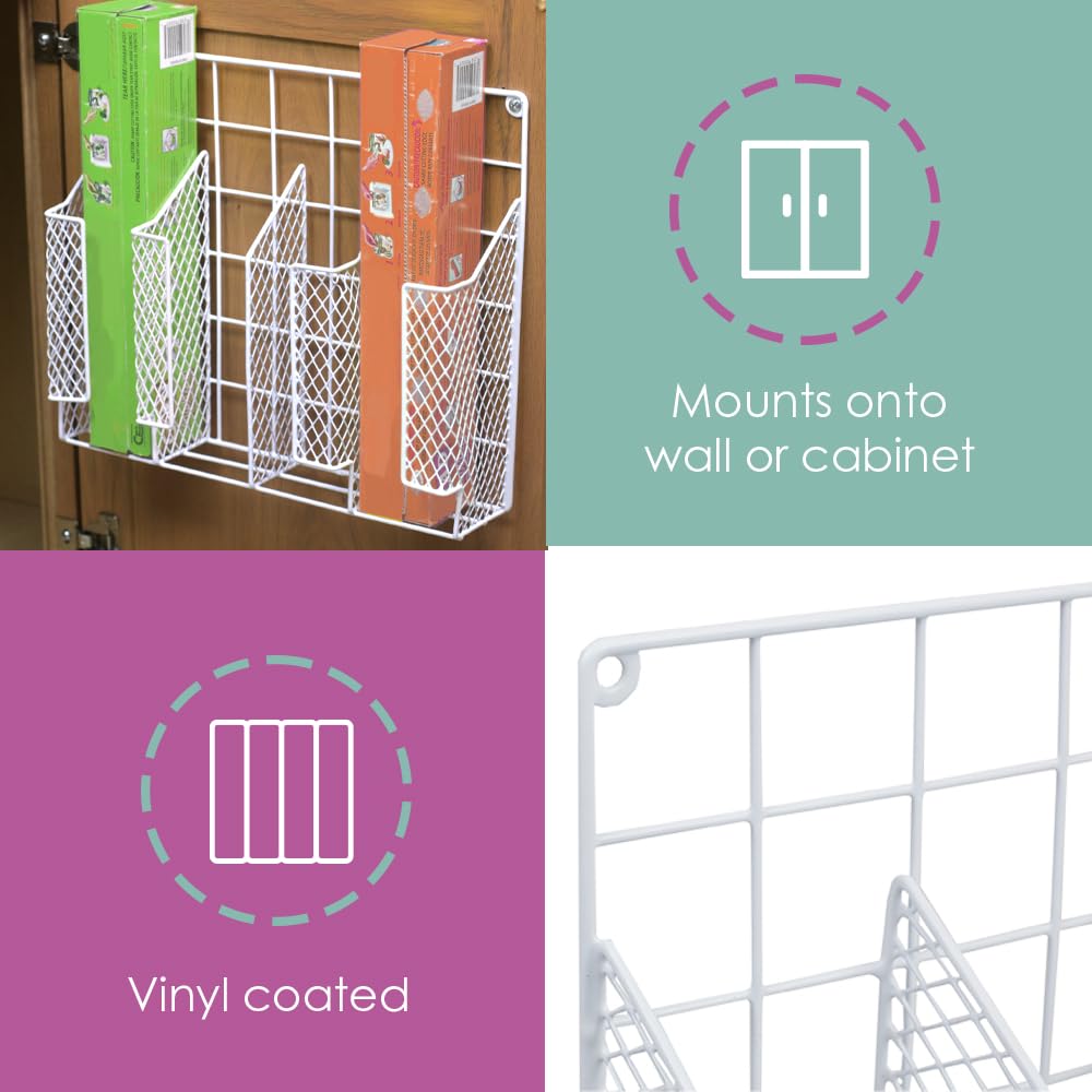 Home Basics Organizer Rust Resistant, Perfect for Food Storage, Silver Foil, Wax Paper, Sandwich Bags, Plastic Wrap-Mounts