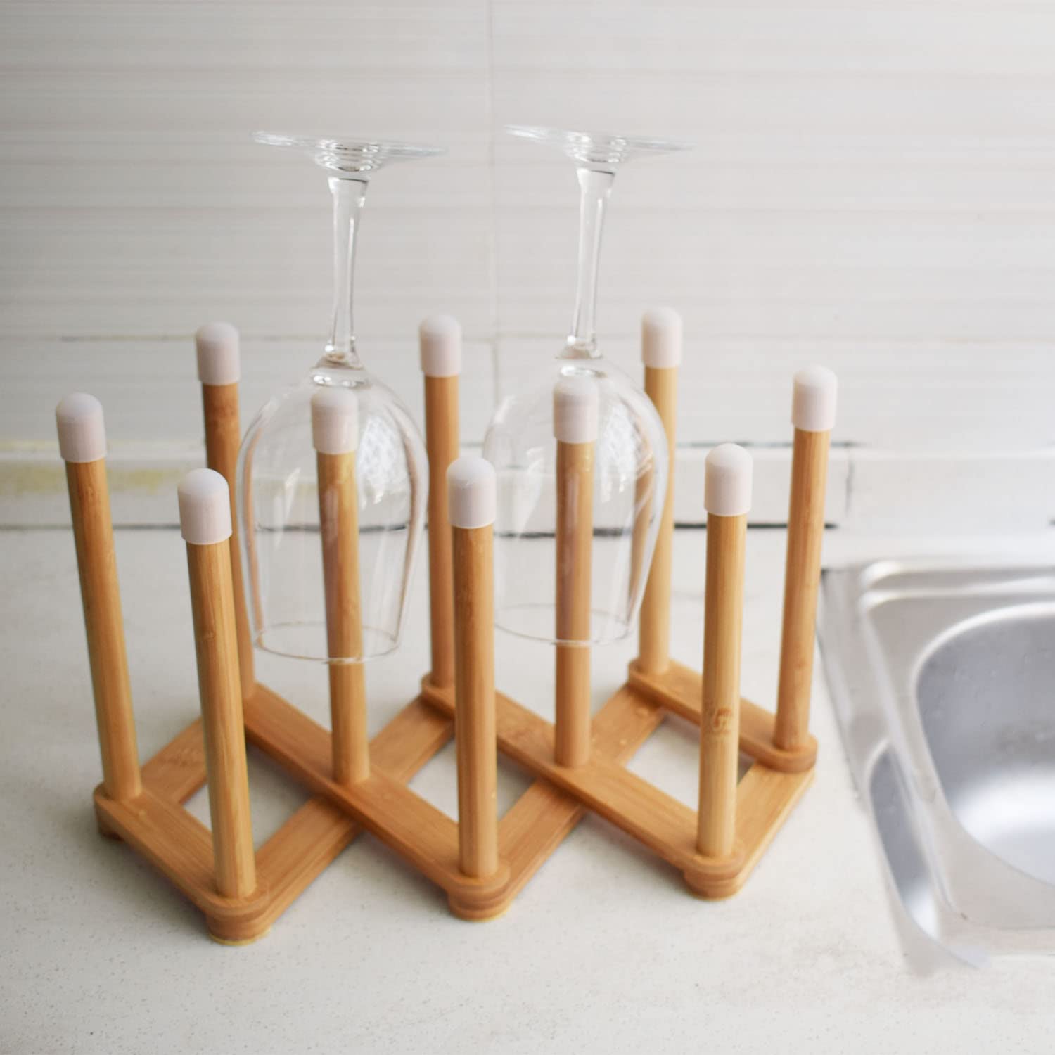 Cyauatt Bamboo Retractable Bottle Drying Rack Cup Dish Drying Rack,Sports Water Bottle and Mug Drainer Stand, Plastic Bag Dryer Rack and Multifunctional Drying Rack for Kitchen Countertop