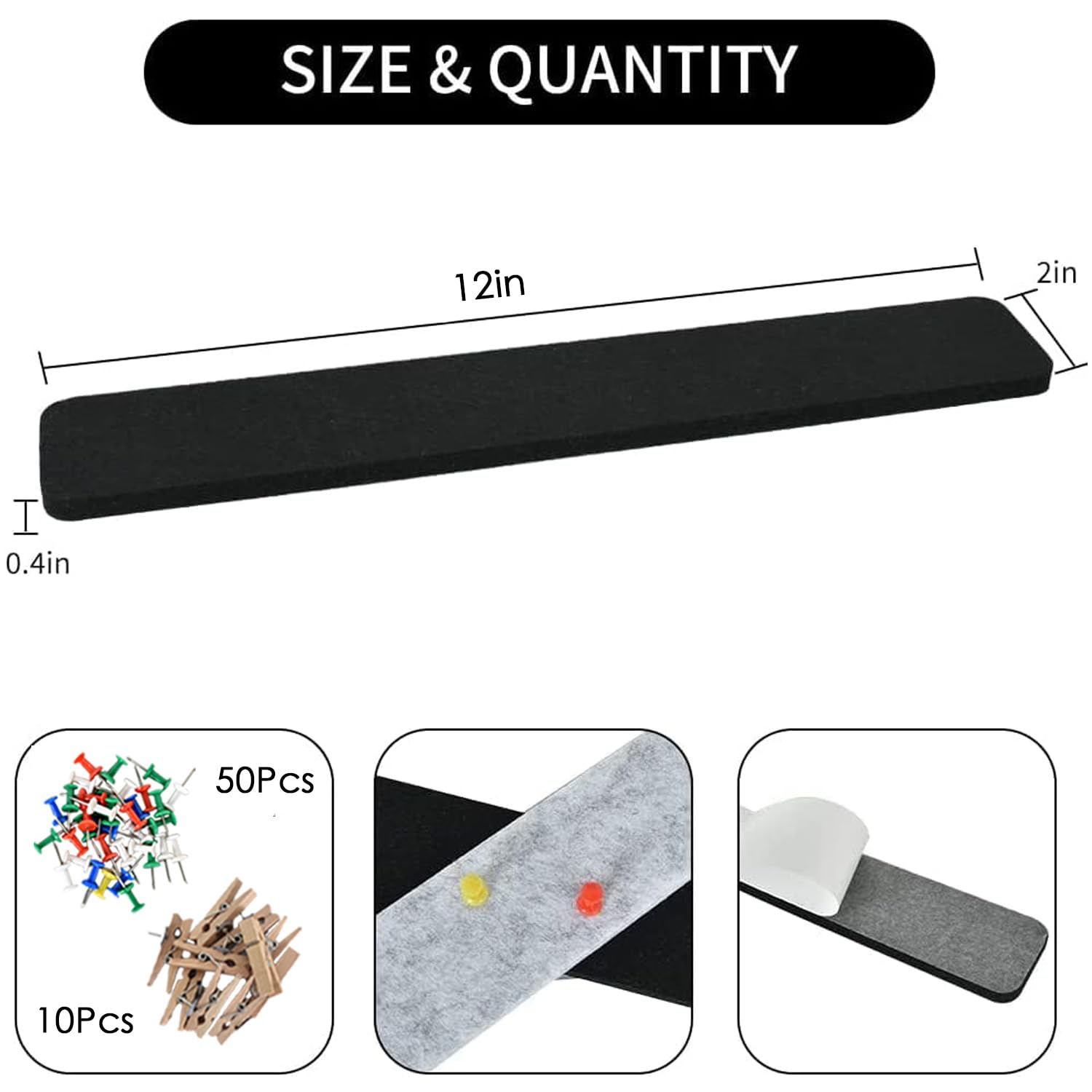 Vuzvuv 8Pcs Black White Grey Felt Pin Board Bar Strips with 35 Pushpins, Self-Adhesive Lightweight Bulletin Board Bar Strips No Damage for Wall,for Paste Notes, Photos, Schedules, Announcements.