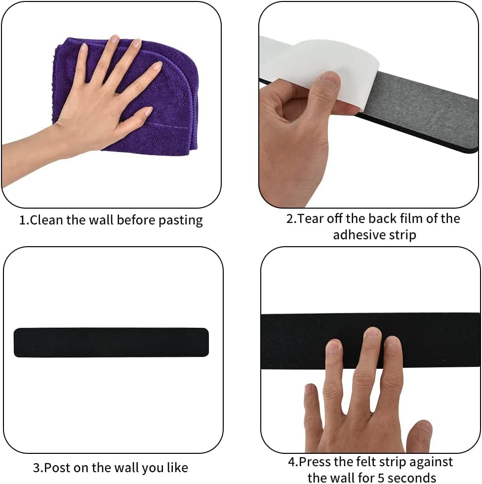 Vuzvuv 8Pcs Black White Grey Felt Pin Board Bar Strips with 35 Pushpins, Self-Adhesive Lightweight Bulletin Board Bar Strips No Damage for Wall,for Paste Notes, Photos, Schedules, Announcements.