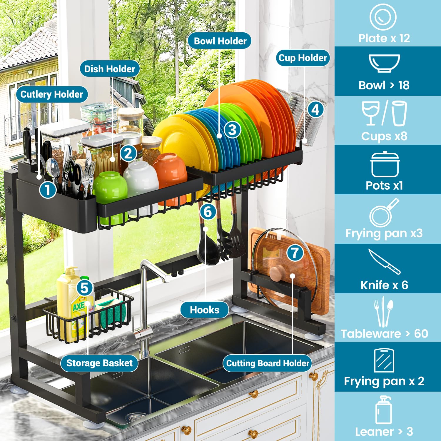 ADBIU 【Fit Sink 24.5"- 32" L】 2023 Version Over Sink Dish Drying Rack (Expandable Dimension) Snap-On Design 2 Tier Large Kitchen Dish Rack Stainless Steel Counter Organization and Storage