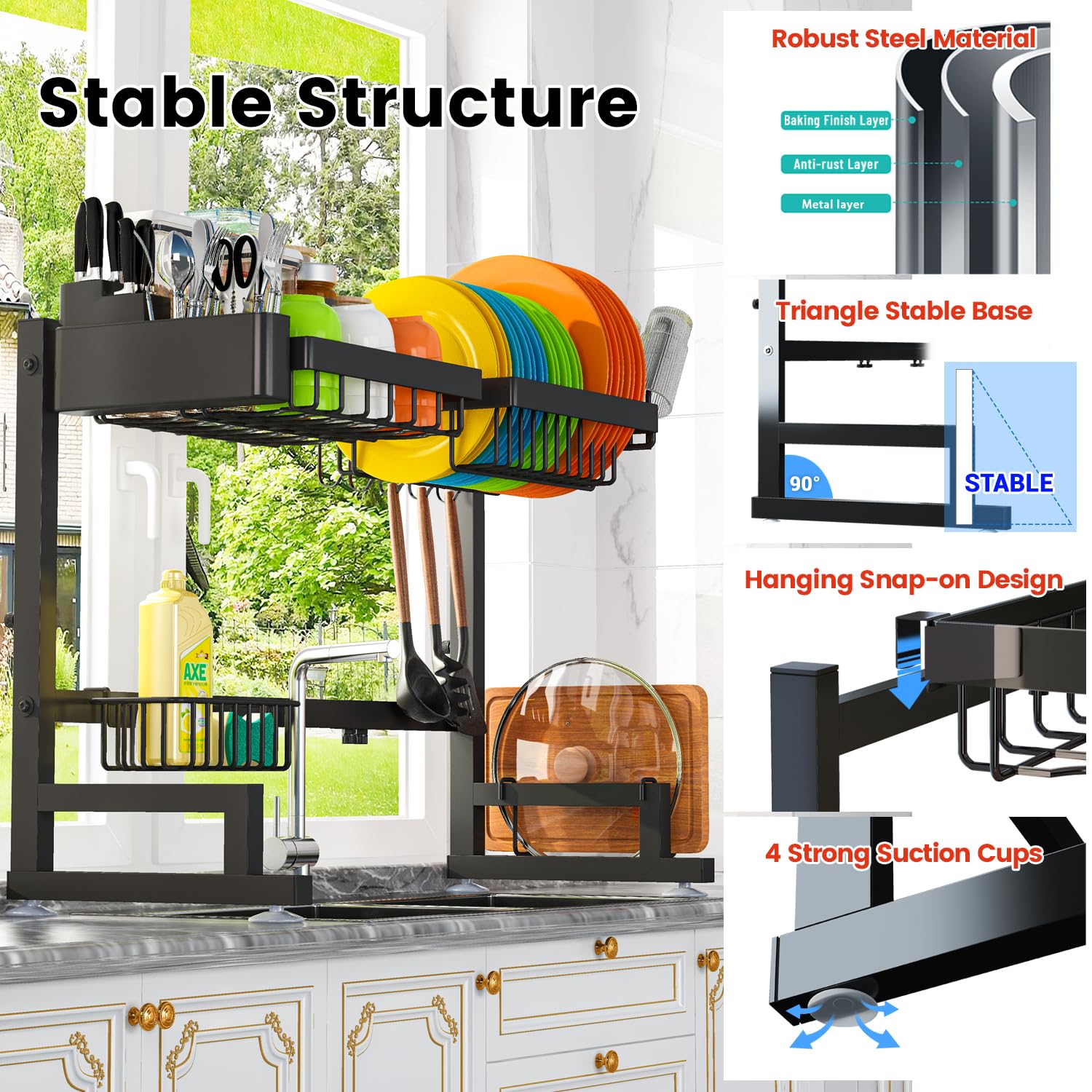 ADBIU 【Fit Sink 24.5"- 32" L】 2023 Version Over Sink Dish Drying Rack (Expandable Dimension) Snap-On Design 2 Tier Large Kitchen Dish Rack Stainless Steel Counter Organization and Storage
