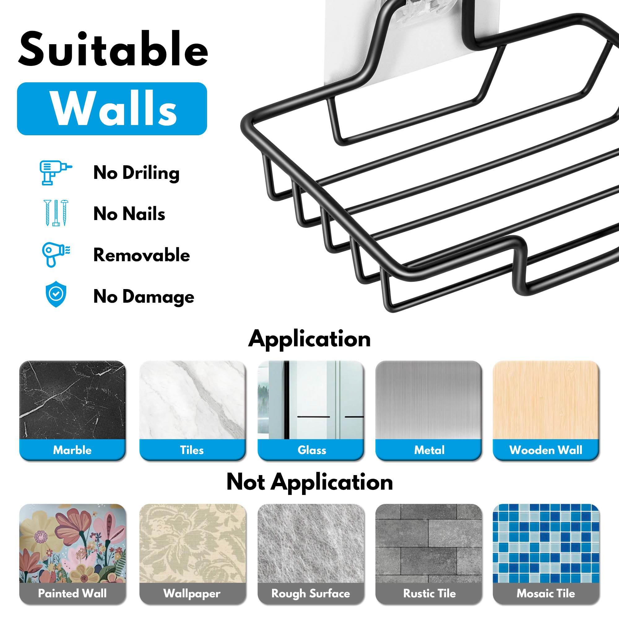 Rainspire Soap Dish Holder, No Drilling, 304 Rustproof Stainless Steel, Wall Mounted Soap Holder Soap Tray Bar Soap Sponge Holder for Bathroom & Kitchen, Square, Black