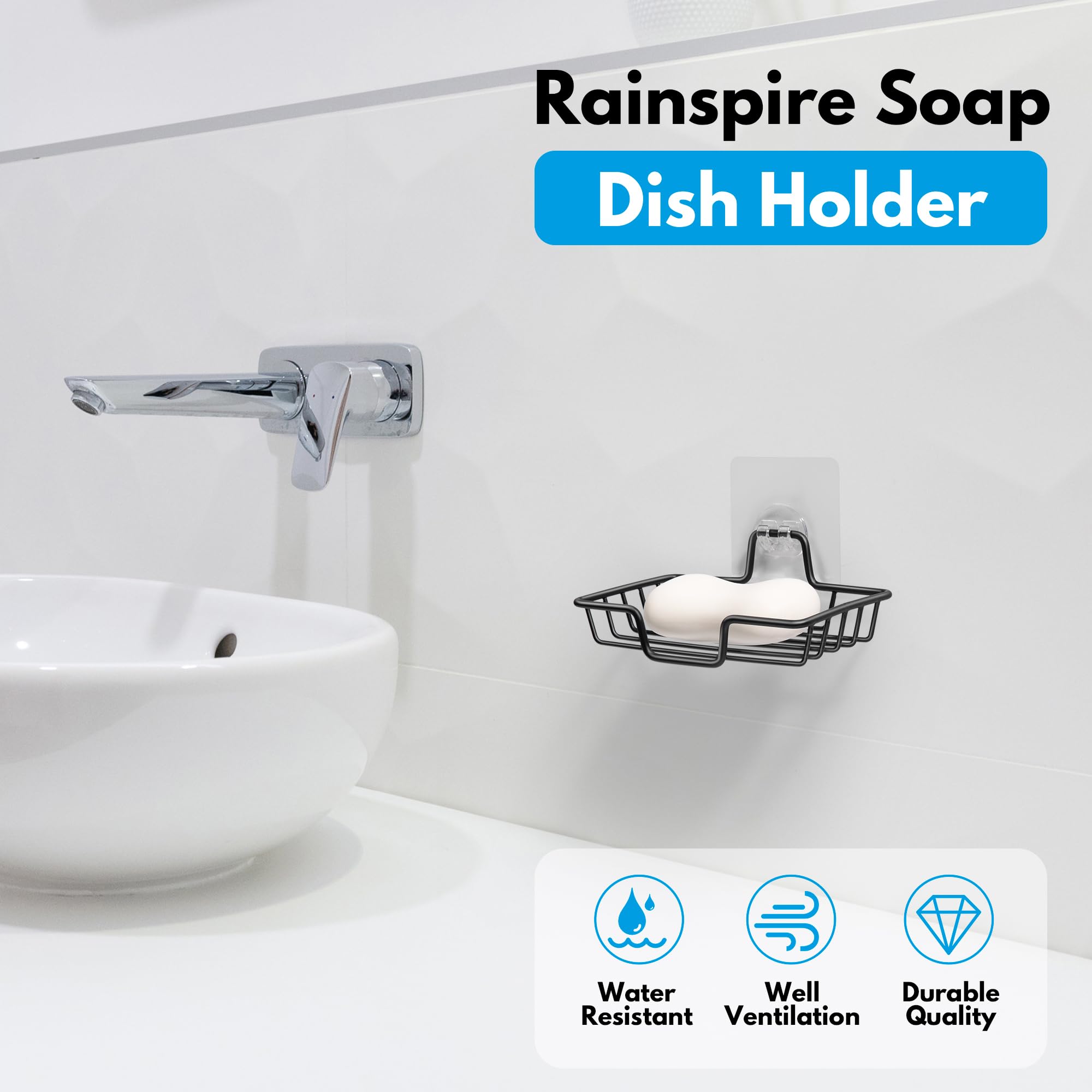 Rainspire Soap Dish Holder, No Drilling, 304 Rustproof Stainless Steel, Wall Mounted Soap Holder Soap Tray Bar Soap Sponge Holder for Bathroom & Kitchen, Square, Black