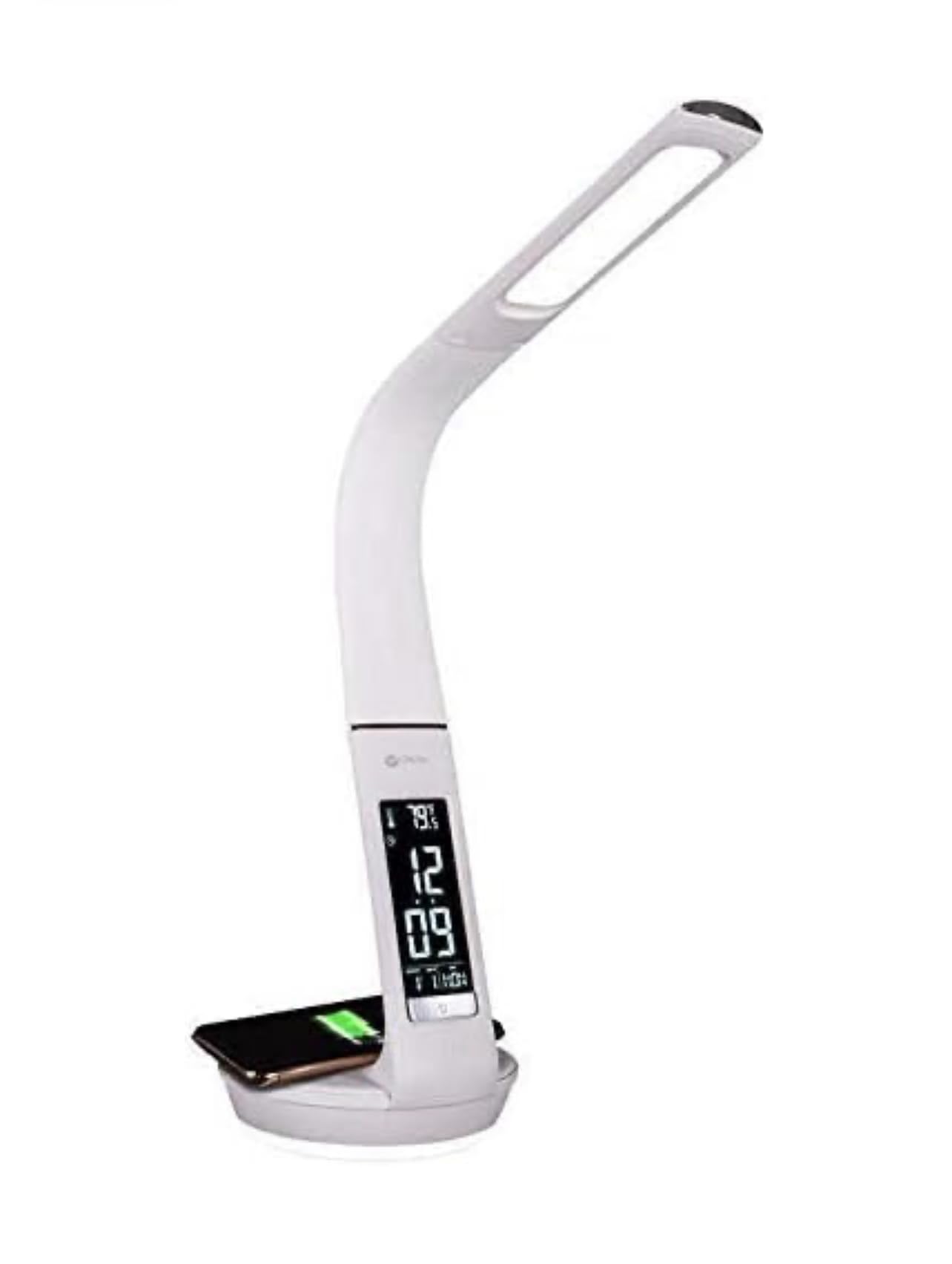 OttLite Desk Lamp with Clock and Wireless Charging Station – Adjustable Neck, Touch Controls, 3 Color Temperatures, ClearSun LED, Clock Display, for Work, Study, Reading, Crafting ( White )