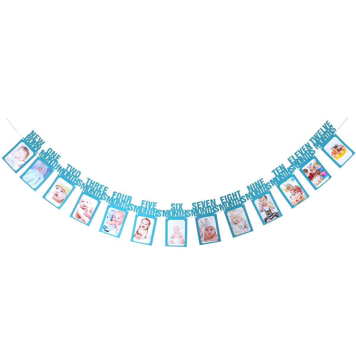 1st Birthday Photo Banner, First Birthday Party Supplies, Baby Photo Decorations from New Born to 12 Months, Blue Glitter First Birthday Bunting-Blue