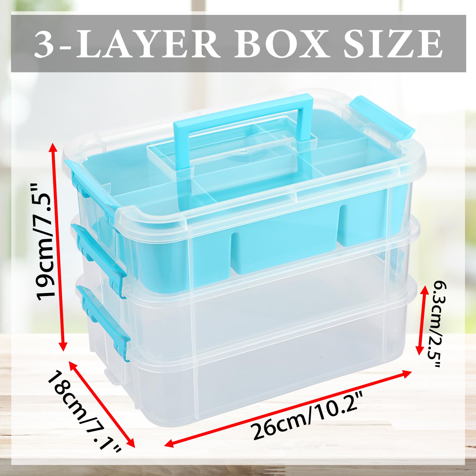 BTSKY 3 Layer Stack & Carry Box, Plastic Multipurpose Portable Storage Container Box Handled Organizer Storage Box with Removable Tray for Organizing Sewing, Art Craft, Supplies Blue