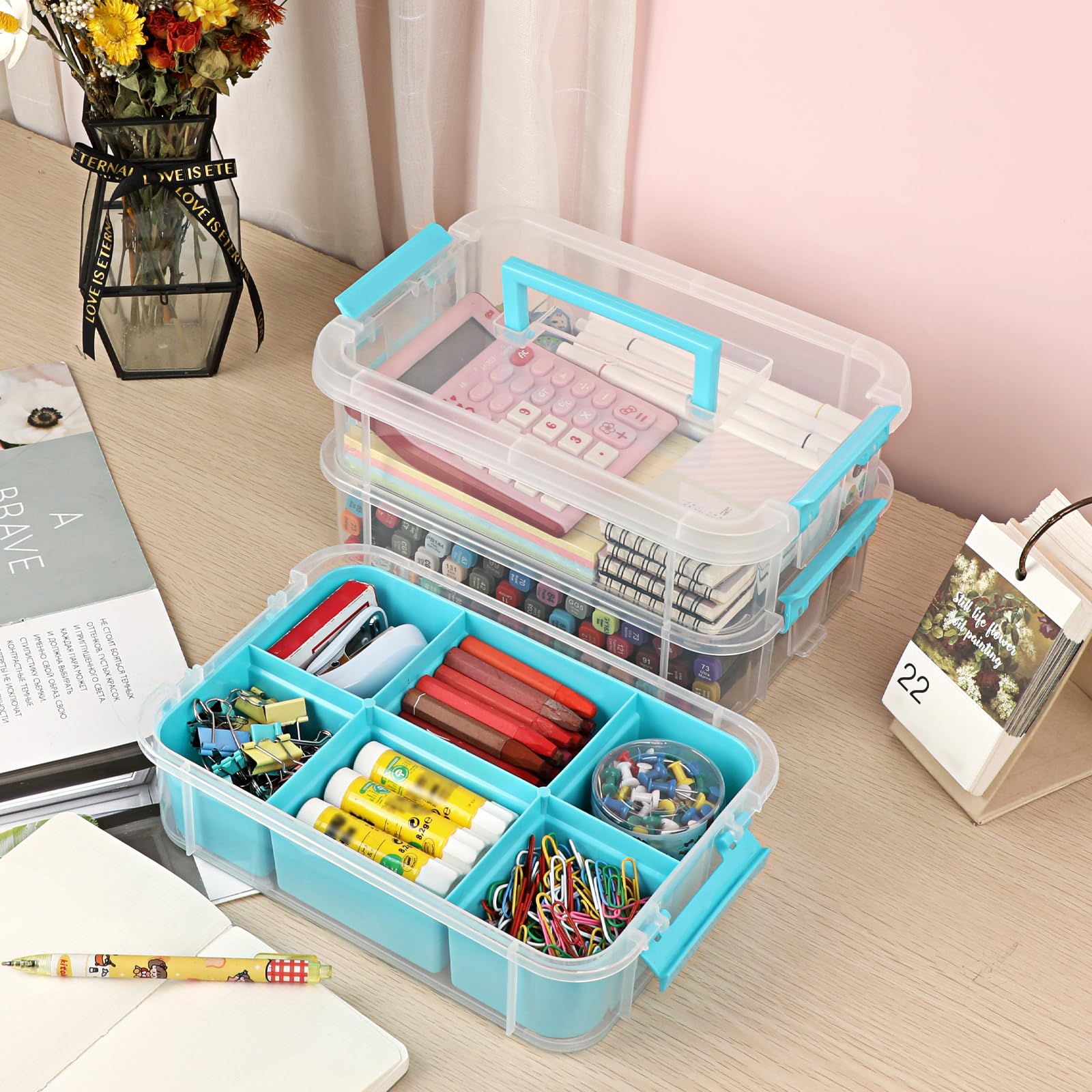 BTSKY 3 Layer Stack & Carry Box, Plastic Multipurpose Portable Storage Container Box Handled Organizer Storage Box with Removable Tray for Organizing Sewing, Art Craft, Supplies Blue