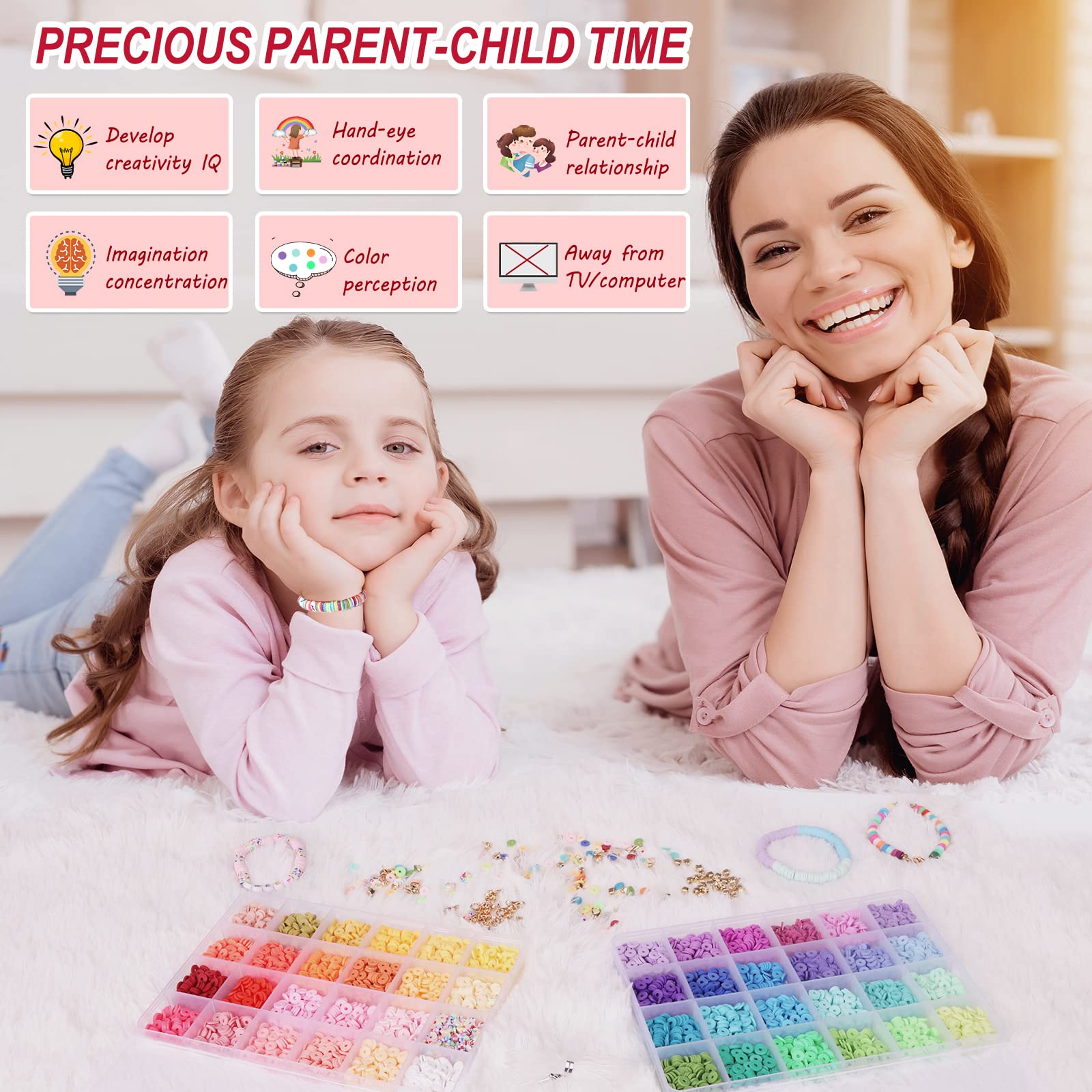 QUEFE 4800pcs Clay Beads for Bracelet Making Kit 48 Colors Flat Round Polymer Clay Beads Spacer Heishi Beads for Jewelry Making Kit, for Girls 8-12, Preppy, Gift Pack