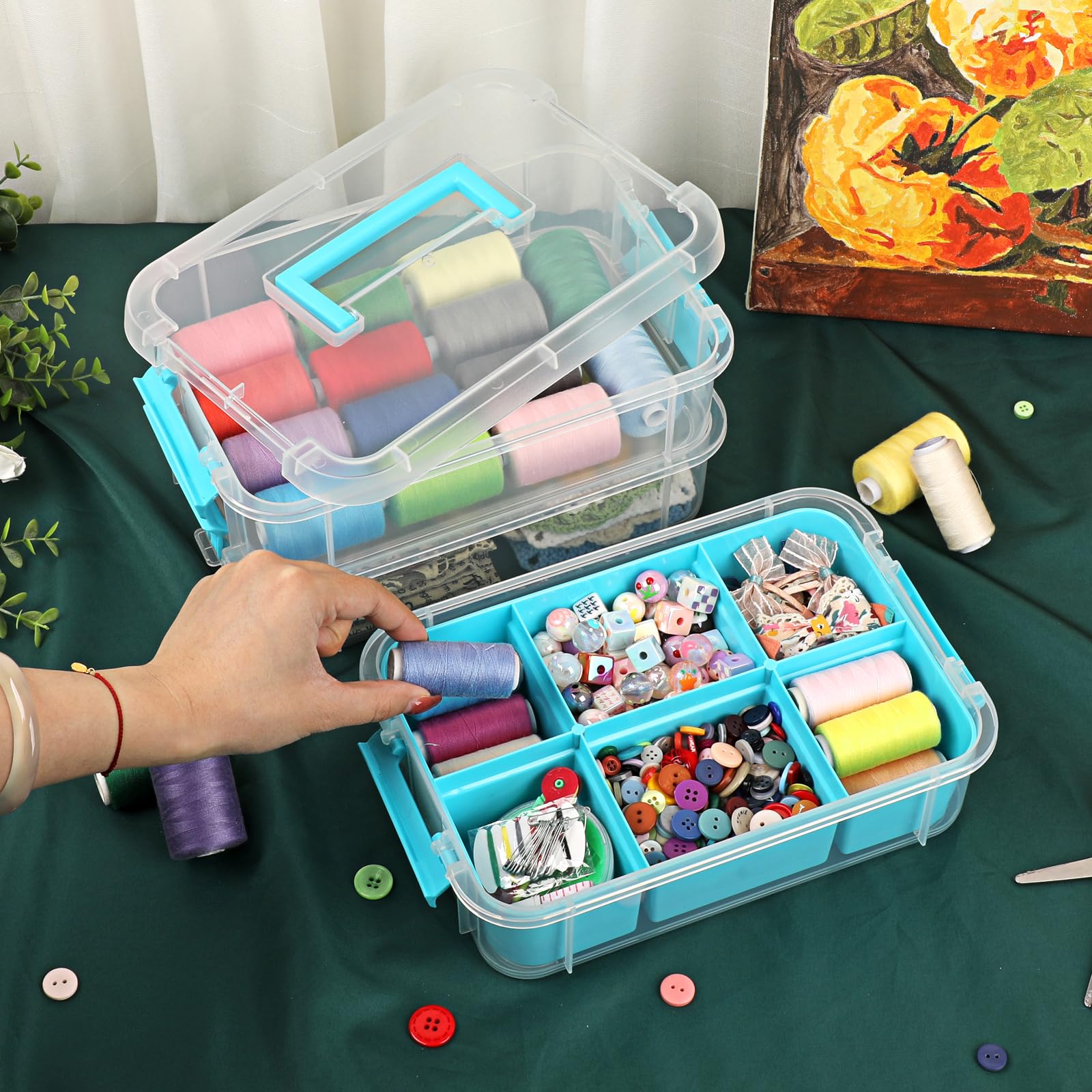 BTSKY 3 Layer Stack & Carry Box, Plastic Multipurpose Portable Storage Container Box Handled Organizer Storage Box with Removable Tray for Organizing Sewing, Art Craft, Supplies Blue
