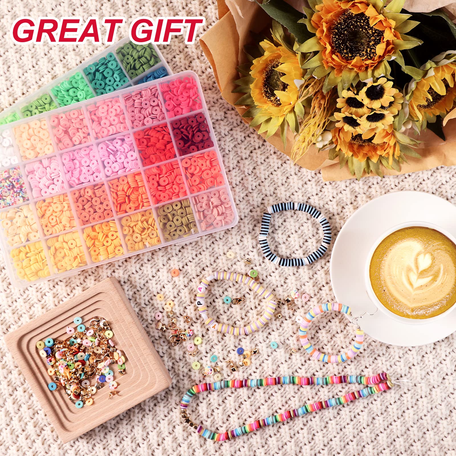 QUEFE 4800pcs Clay Beads for Bracelet Making Kit 48 Colors Flat Round Polymer Clay Beads Spacer Heishi Beads for Jewelry Making Kit, for Girls 8-12, Preppy, Gift Pack