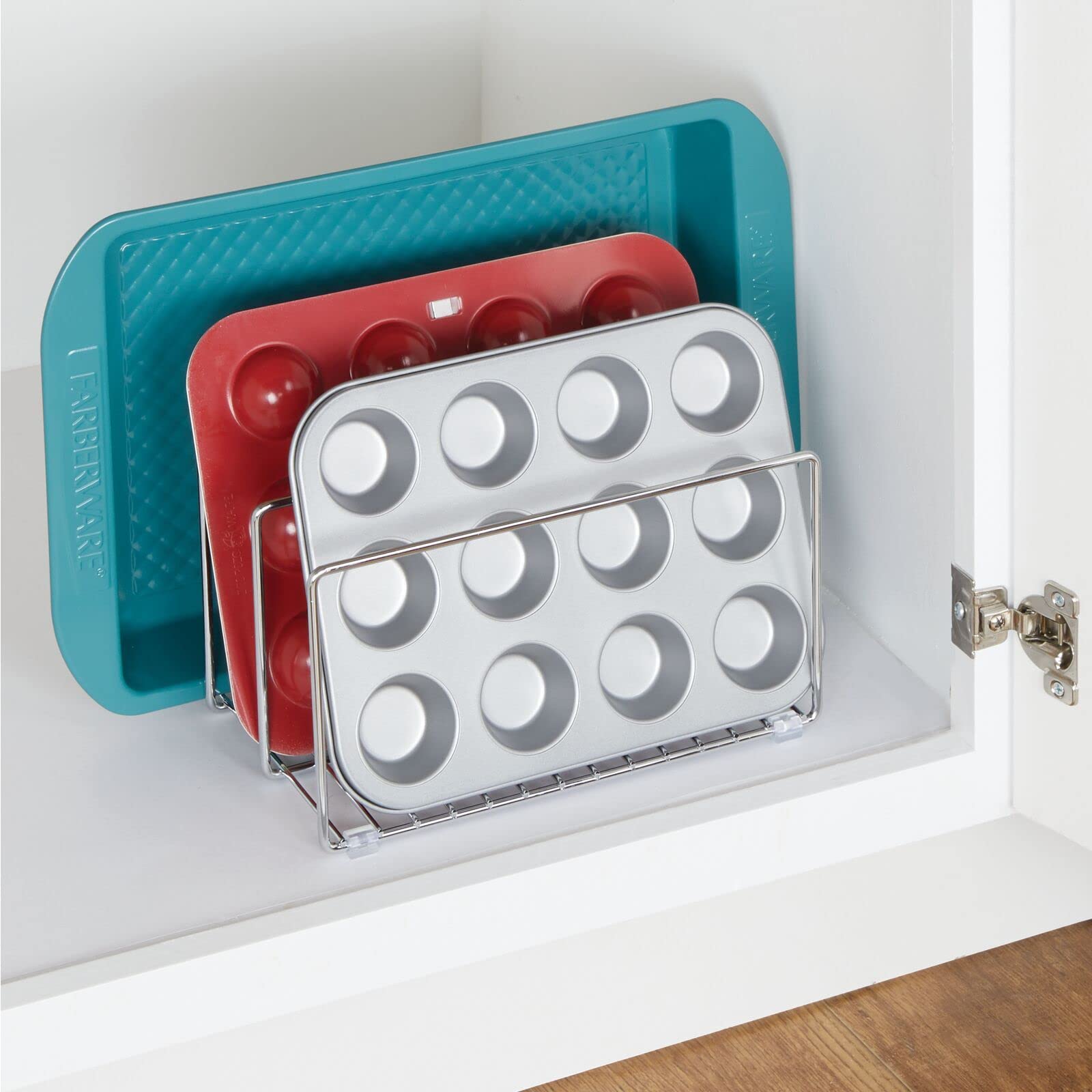 mDesign Metal Wire Organizer Rack for Kitchen Cabinet, Pantry, Shelves - Organizer Holder, 3 Slots for Skillets, Frying Pans, Lids, Cutting Boards, Vertical or Horizontal Placement - Chrome