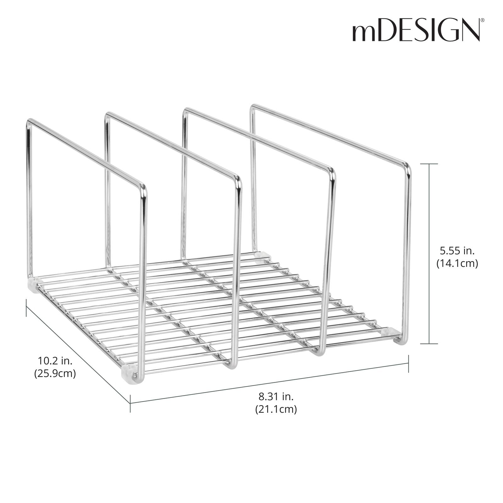 mDesign Metal Wire Organizer Rack for Kitchen Cabinet, Pantry, Shelves - Organizer Holder, 3 Slots for Skillets, Frying Pans, Lids, Cutting Boards, Vertical or Horizontal Placement - Chrome