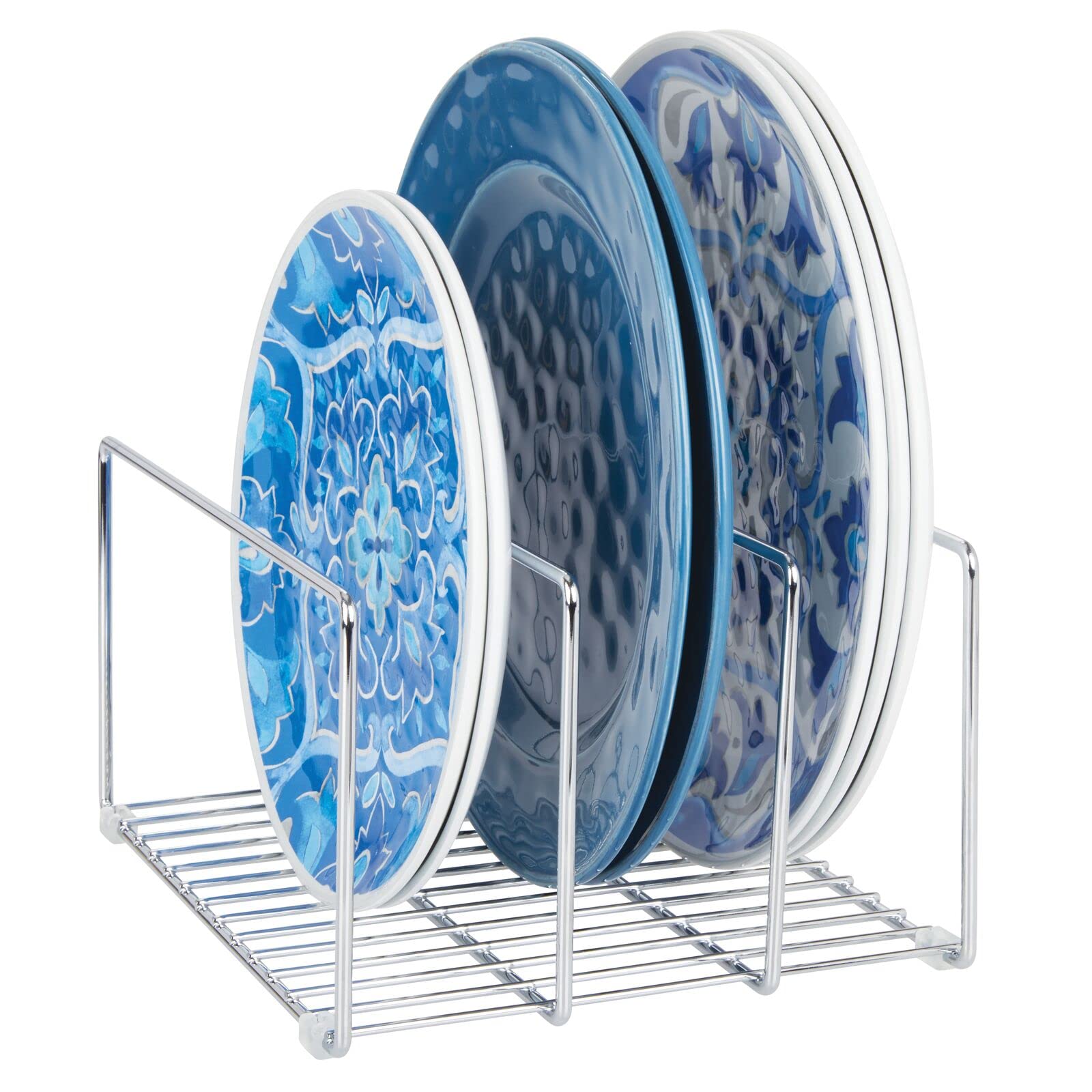 mDesign Metal Wire Organizer Rack for Kitchen Cabinet, Pantry, Shelves - Organizer Holder, 3 Slots for Skillets, Frying Pans, Lids, Cutting Boards, Vertical or Horizontal Placement - Chrome