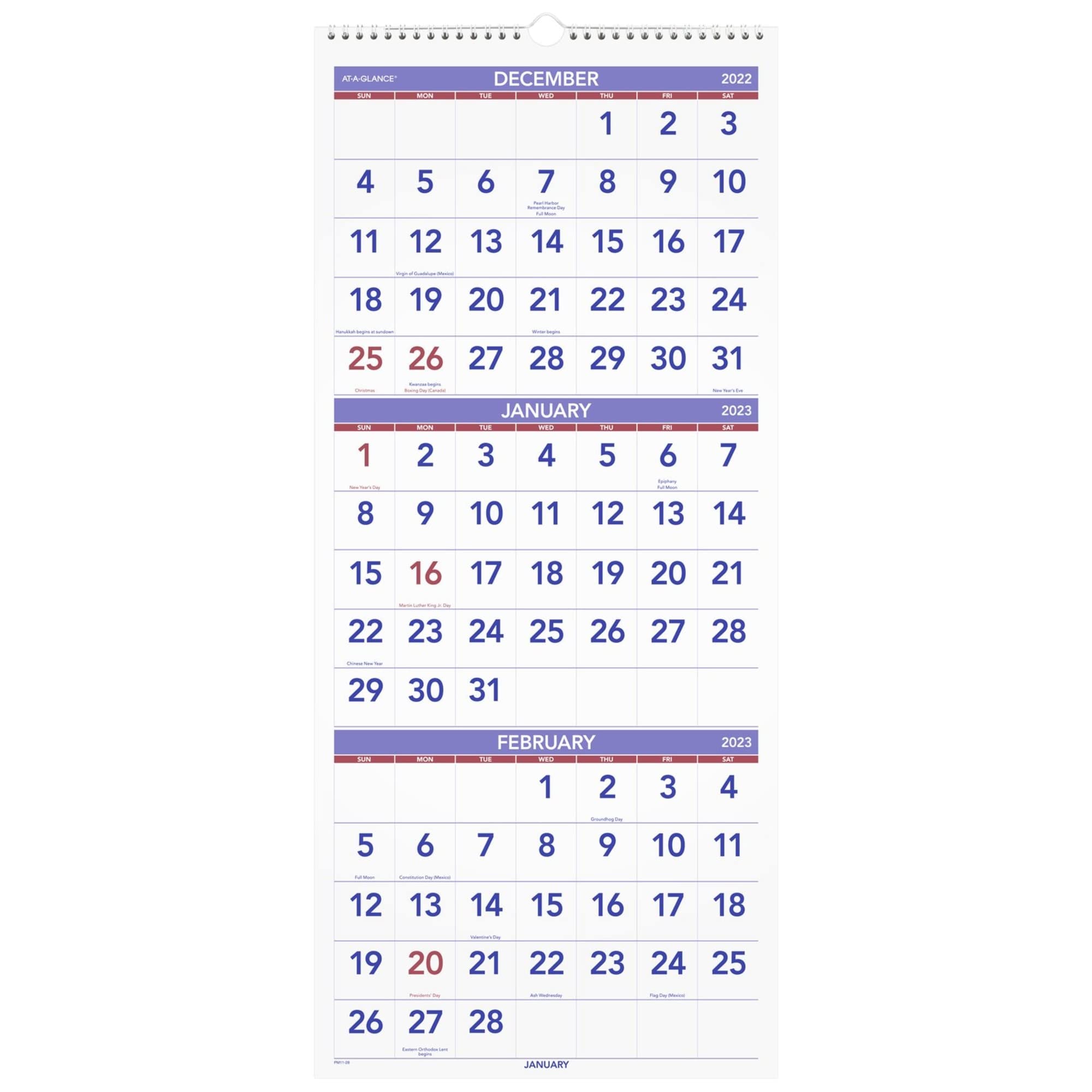AT-A-GLANCE 2023 Wall Calendar Planner, 14 Month, Paper, 12" x 27", Large, Vertical, 3 Month Reference (PM1128)