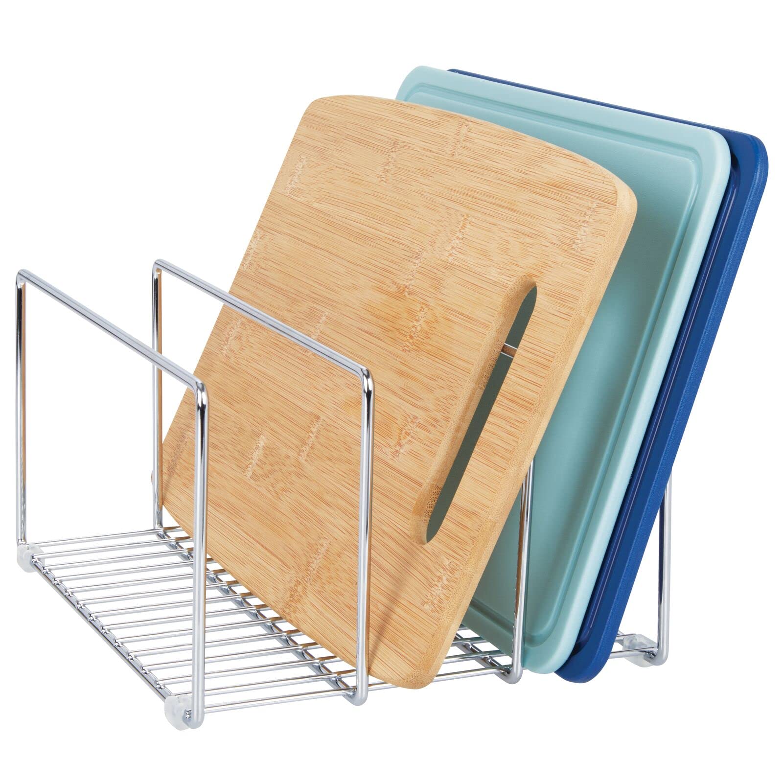mDesign Metal Wire Organizer Rack for Kitchen Cabinet, Pantry, Shelves - Organizer Holder, 3 Slots for Skillets, Frying Pans, Lids, Cutting Boards, Vertical or Horizontal Placement - Chrome