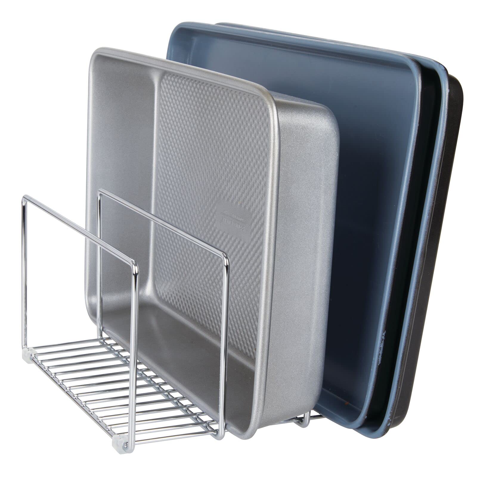 mDesign Metal Wire Organizer Rack for Kitchen Cabinet, Pantry, Shelves - Organizer Holder, 3 Slots for Skillets, Frying Pans, Lids, Cutting Boards, Vertical or Horizontal Placement - Chrome