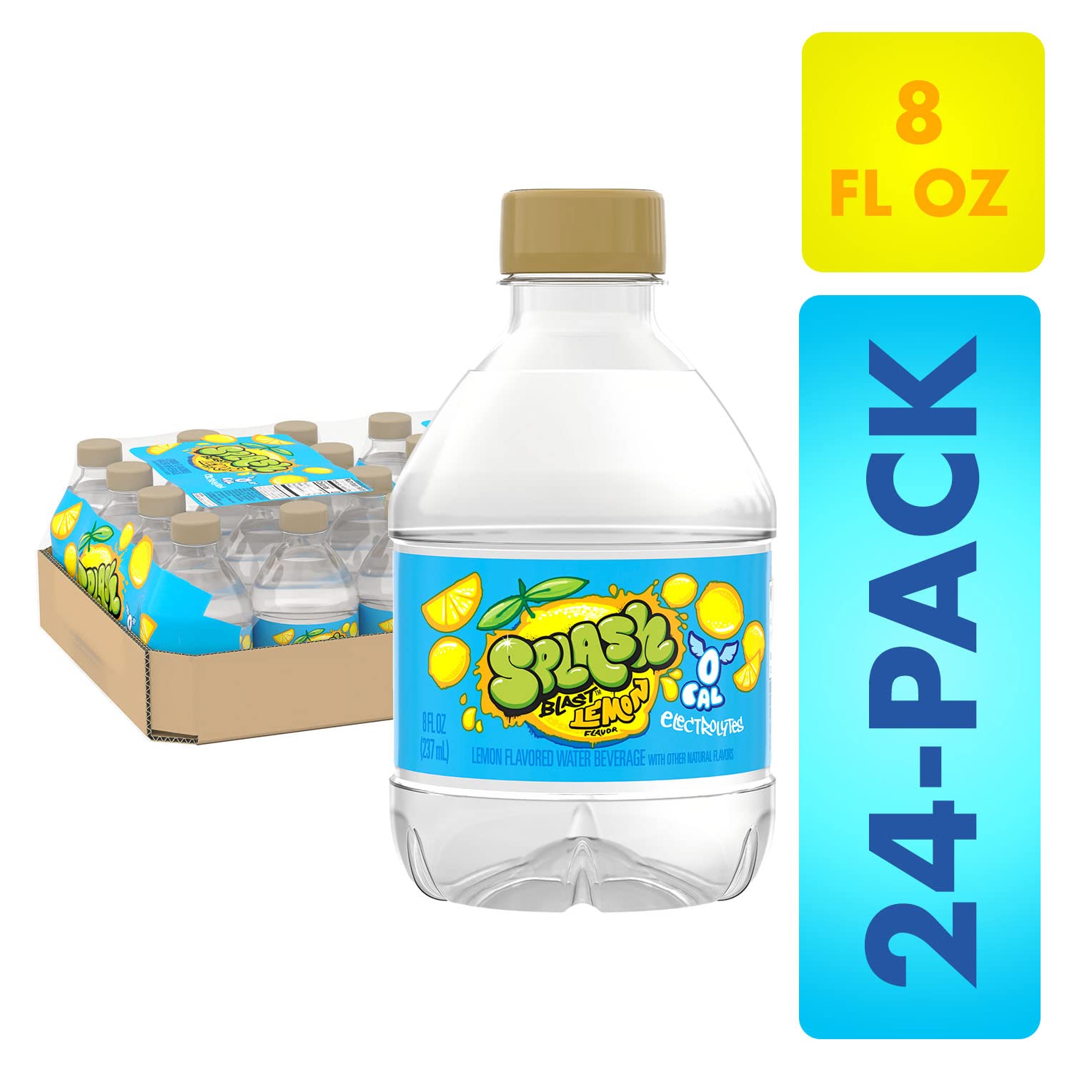 Splash Refresher, Lemon Flavor Water Beverage, 8 Fl Oz Plastic Bottles (24 Count)