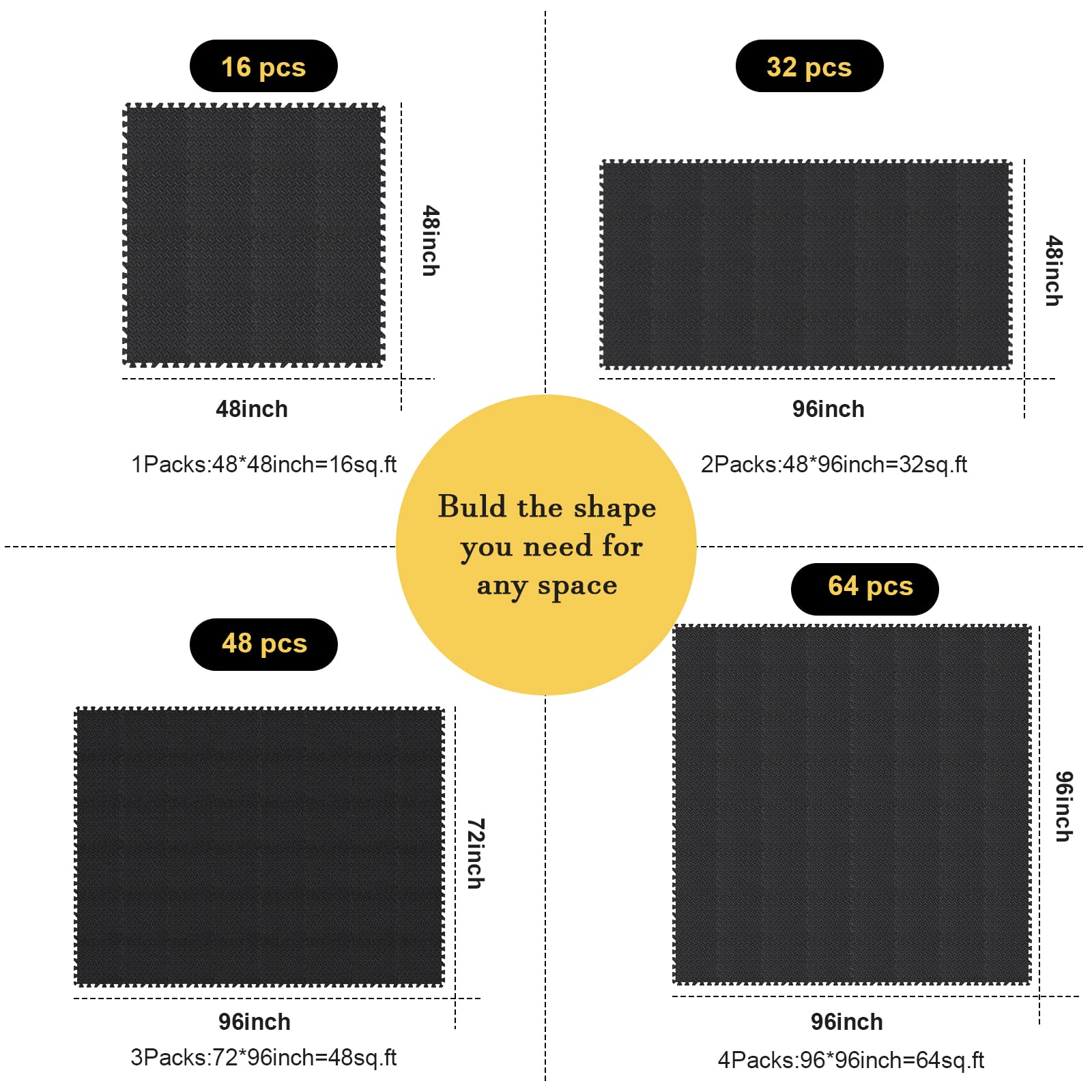 64 Pcs Baby Play Mat Interlocking Toddler Foam Mats Puzzle Playmat for Babies Square Foam Floor Mat for Gym, Nursery, Playroom (Black)